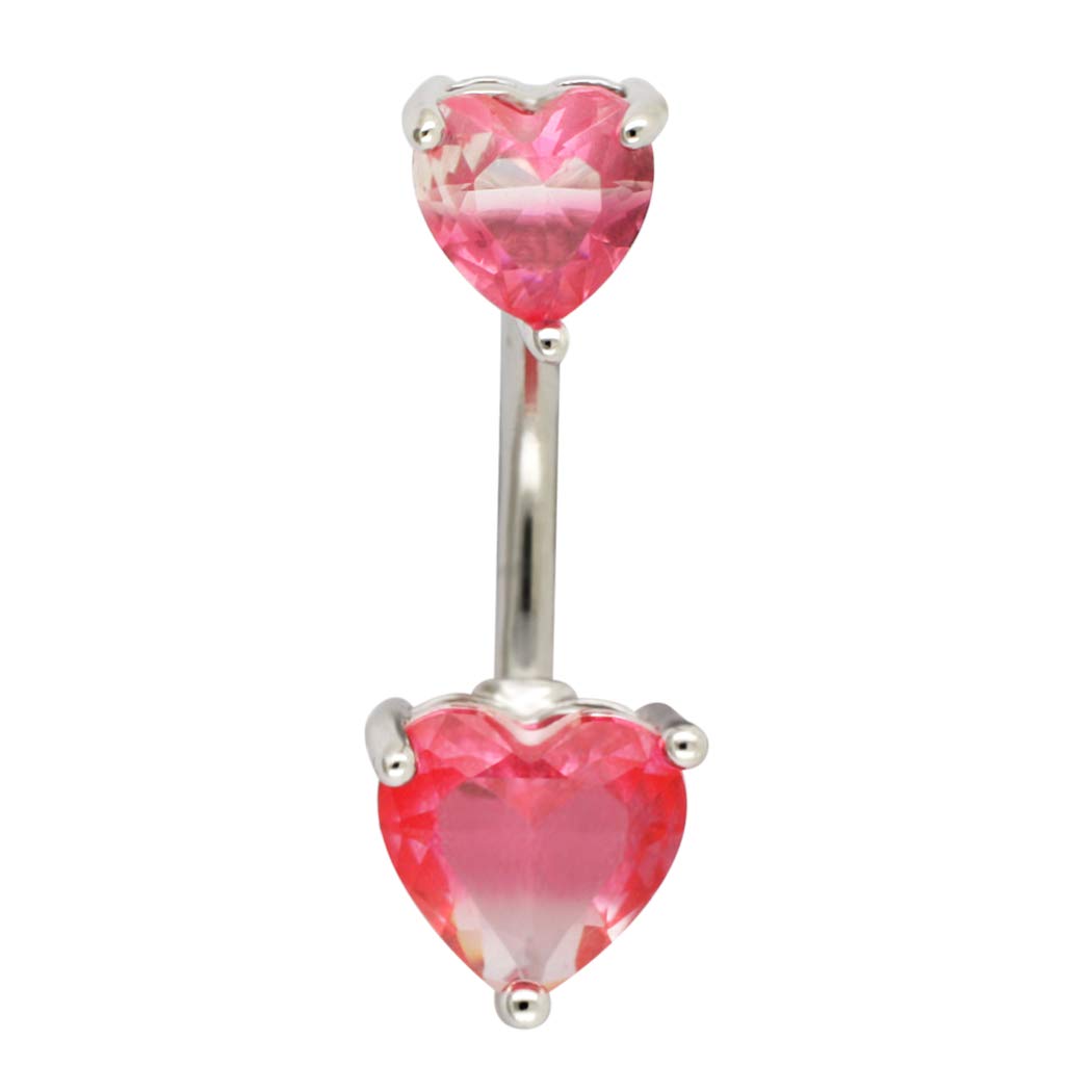Excepro Belly Button Rings14G(1.6mm) 316L Surgical SS Rainbow Double Heart CZ Multi Shaped Body Jewelry Belly Rings (Dark Pink Heart)