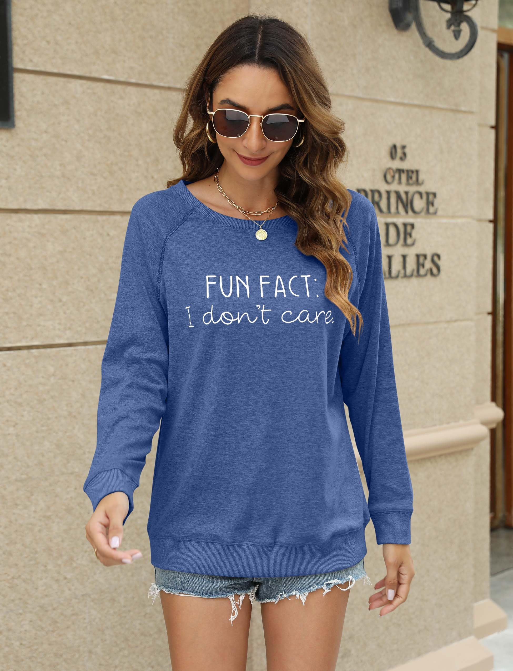 EADINVE "FUN FACT: I don't care Letter Print Women's Crewneck Sweatshirt Raglan Long Sleeve Casual Pullover Tops Blue Medium