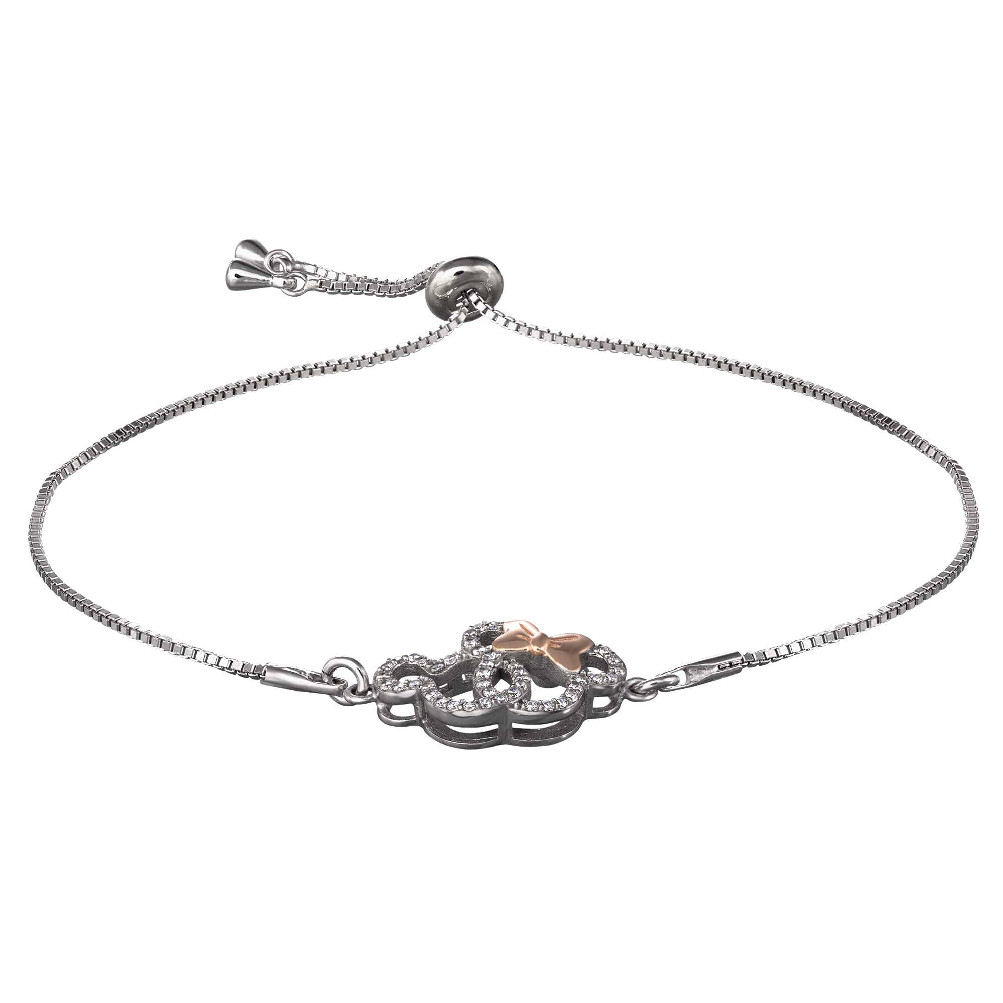 Disney Interlocking Mickey and Minnie Mouse Two Tone Cubic Zirconia Lariat Bracelet, Sterling Silver
