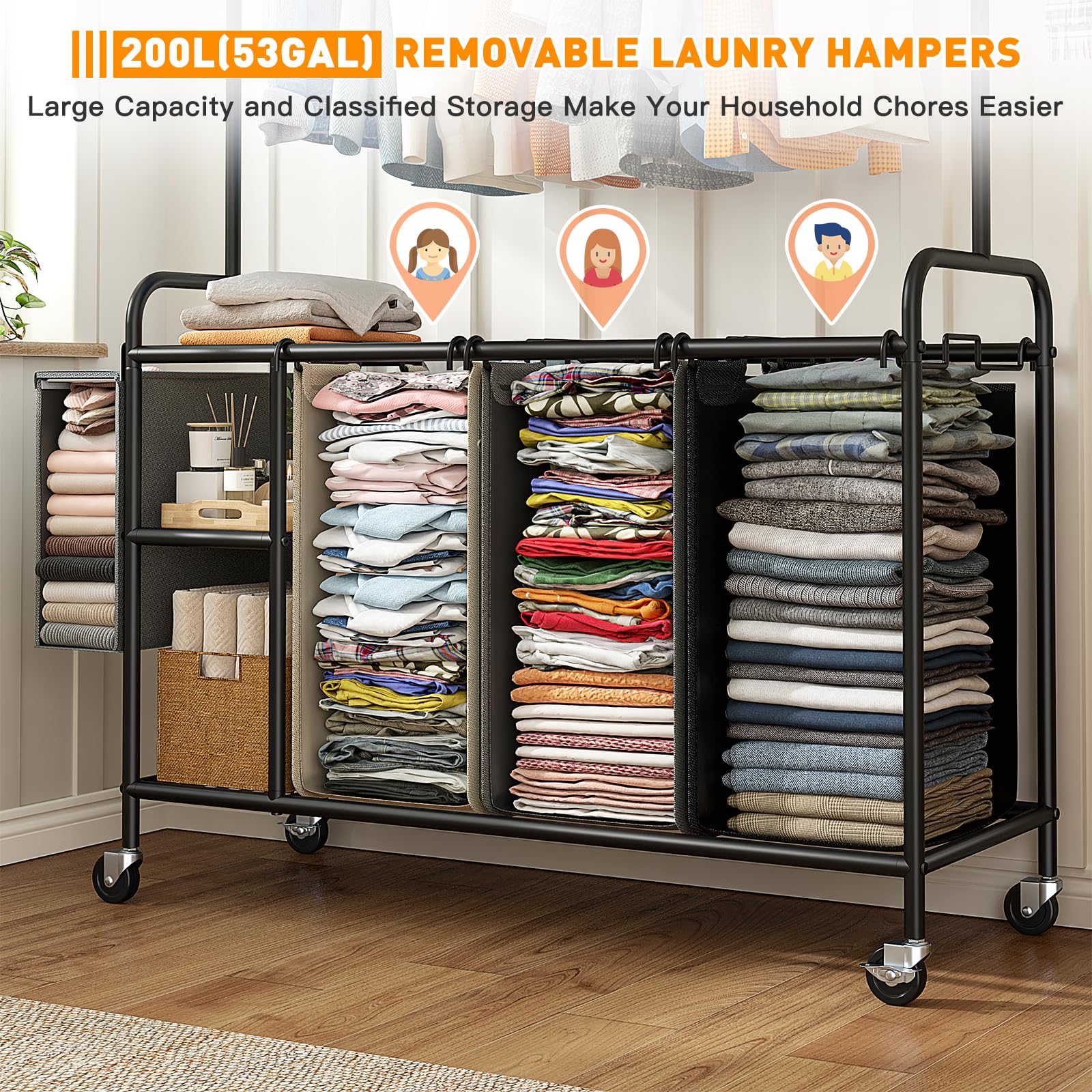 Raybee Laundry Hamper, Laundry Basket, Laundry Sorter, 200L（53Gal）Laundry Basket with Wheels, Laundry Sorter 3 Section, Laundry Hamper with 13" Adjustable Hanging Bar and 3 Tier Shelves