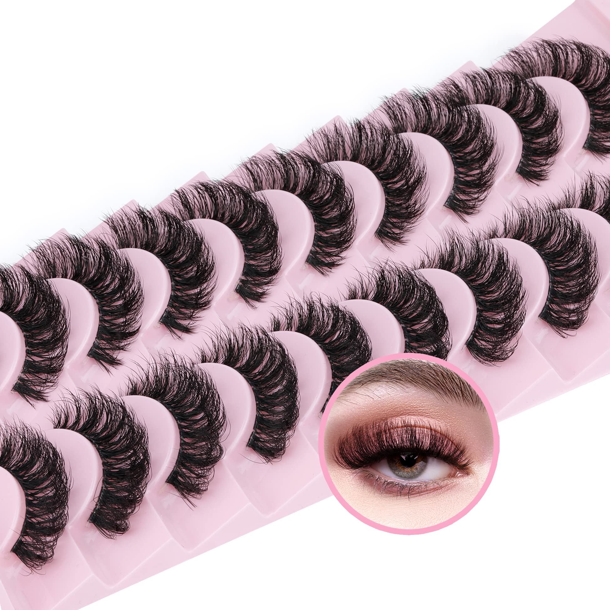 False Eyelashes Natural Fluffy Lashes Russian Strip Lashes with Clear Band 10 Pairs Wispy Lashes 16mm D Curl Lashes that Look Like Extensions Pack by EYDEVRO