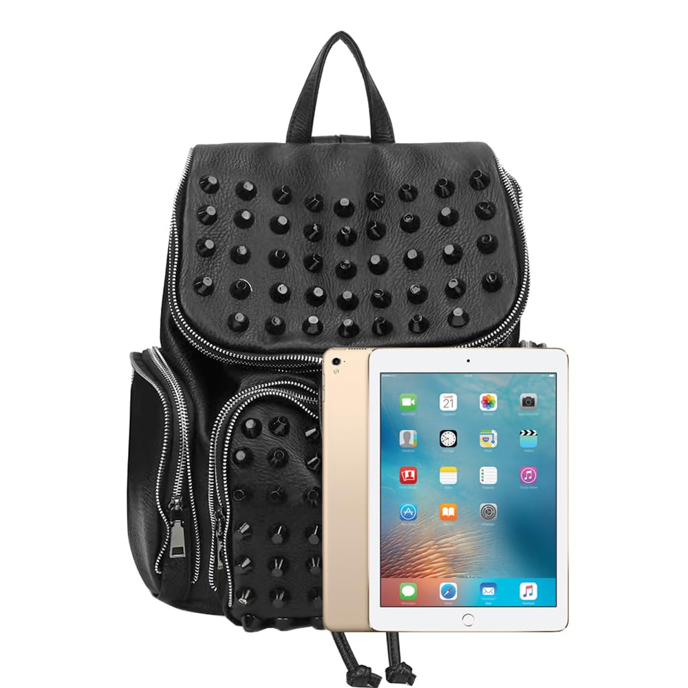 Downupdown Studded Backpacks for Women and Men Leather Flap Rivet Backpack knapsack Ladies Casual Daypack Shoulder Bag Cool Zipper Backpack with Top Handle Bucket Bag-Black