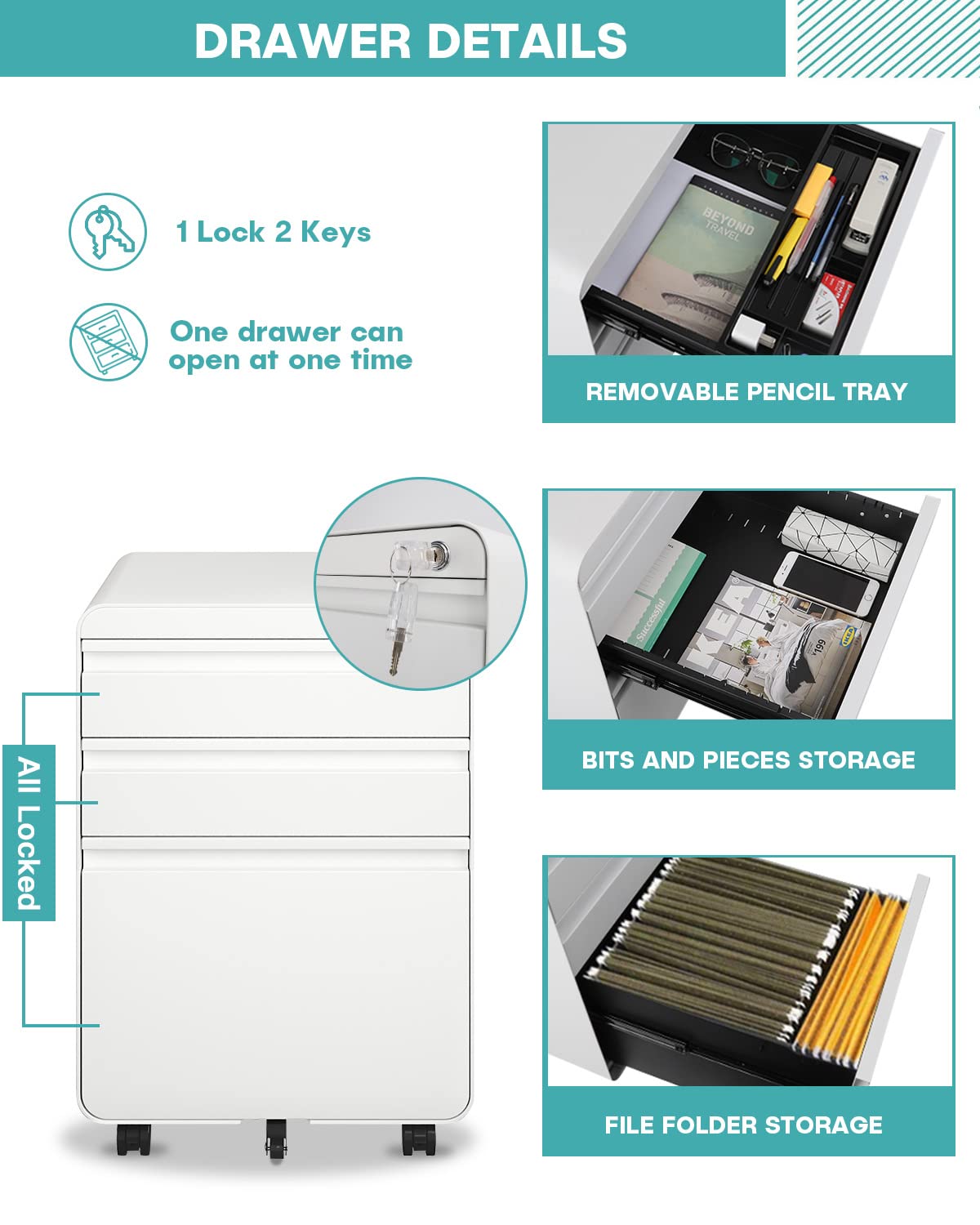 Dripex 3 Drawer File Cabinet, Metal Filing Cabinets with Lock Wheels for A4/Legal/Letter File, Anti-tilt Under Desk Design, Lockable Rolling Mobile File Cabinet for Home Office (White)