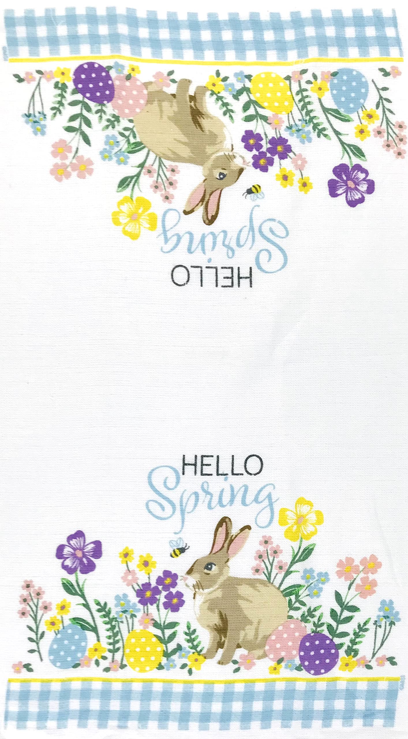Easter Spring Kitchen Dish Towels Pot Holder Oven Mitt Set, 5c: Blue Gingham Country Bunny in Spring Flowers (Country Blue)