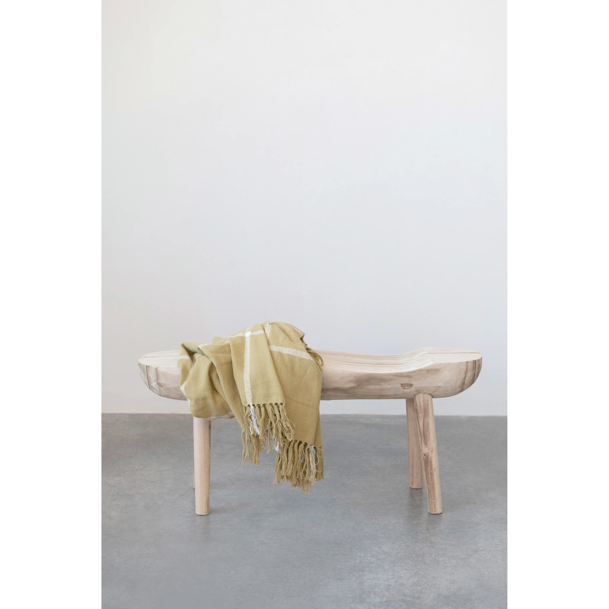 Creative Co-Op Cotton Flannel Grid Pattern and Fringe Blanket Throw, Single, Tan