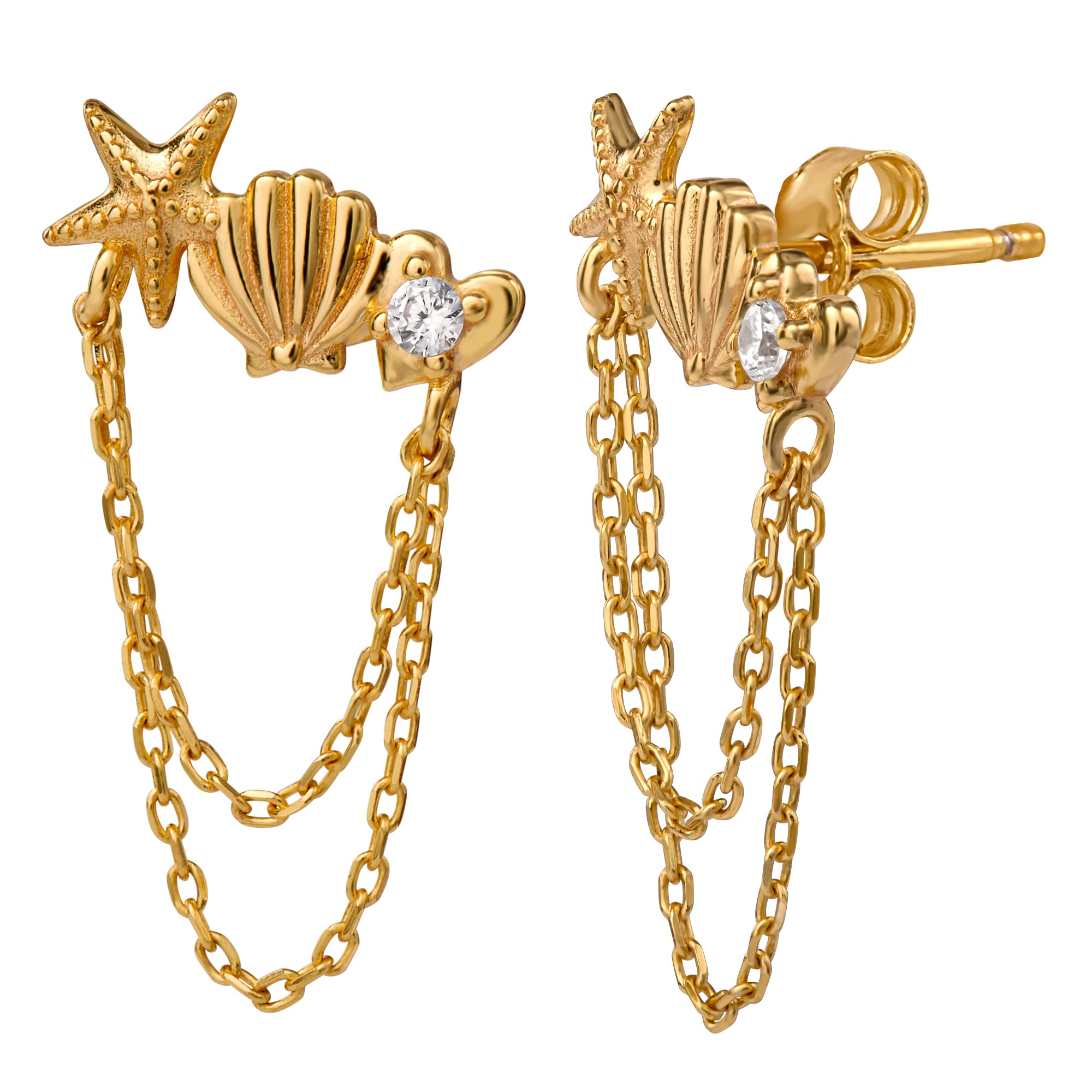 Disney Little Mermaid Jewelry, Seashell Dangle Chain Earrings, Flash Plated Sterling Silver