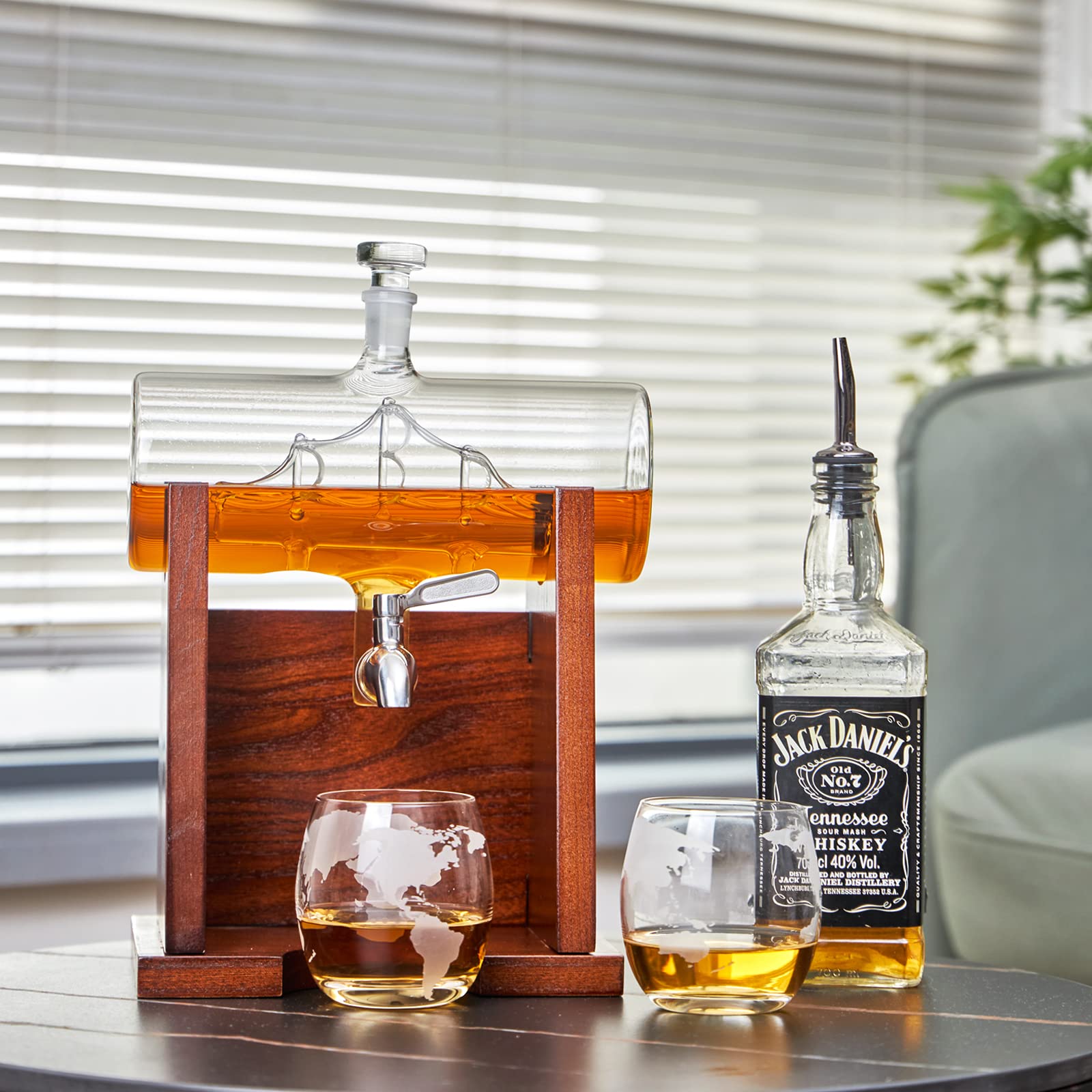 Glolaurge Whiskey Decanter with 2 Globe Glasses, 1250ml Ship Whiskey Decanter Set for Men, Liquor Bourbon Decanter Gift for Him