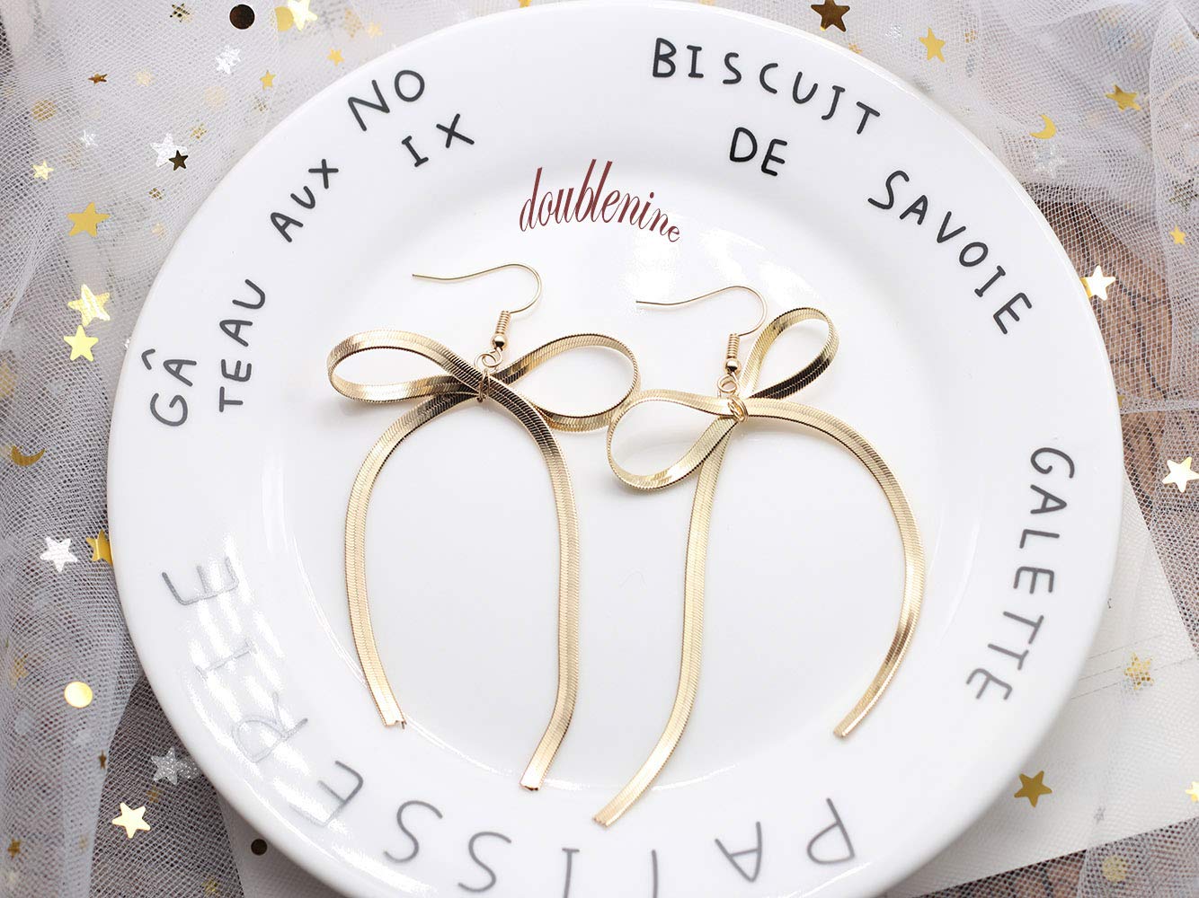 Doubnine Bow-Knot Ribbon Drop Dangle Earrings Handmade Minimal Snake Chain Textured Sweet Jewelry for Women