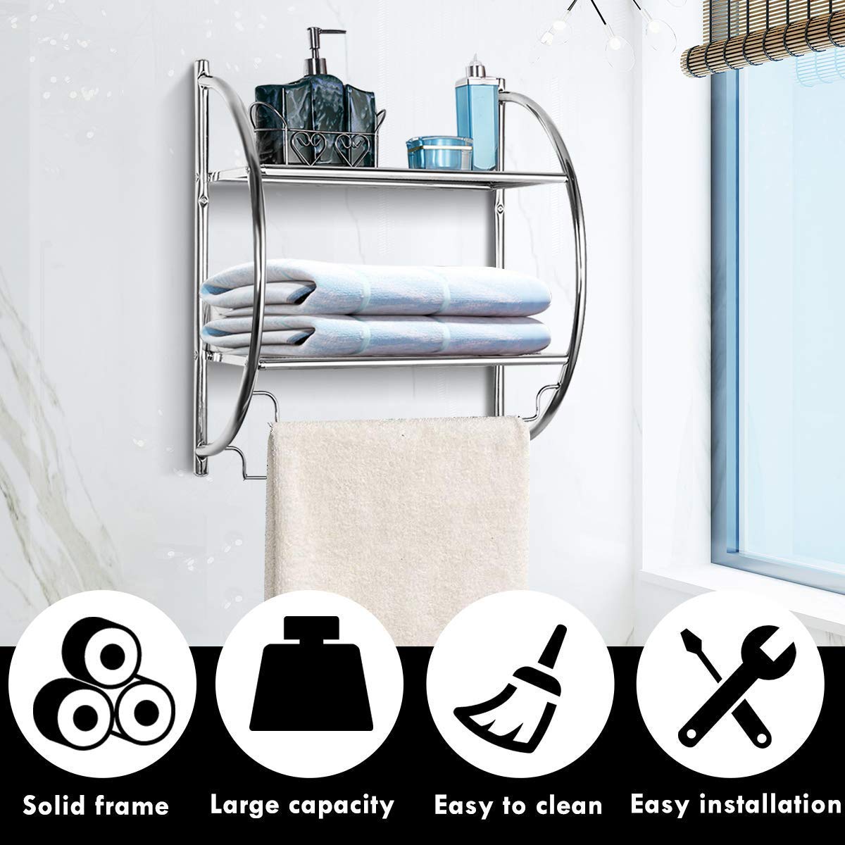 ReunionG 2-Tier Bathroom Shelf with Towel Rails, Wall Mounted Towel Shelf with Space-Saving Design, Multifunctional Chrome Bathroom Storage Shelf for Bathroom Laundry Room Kitchen, Easy Assembly