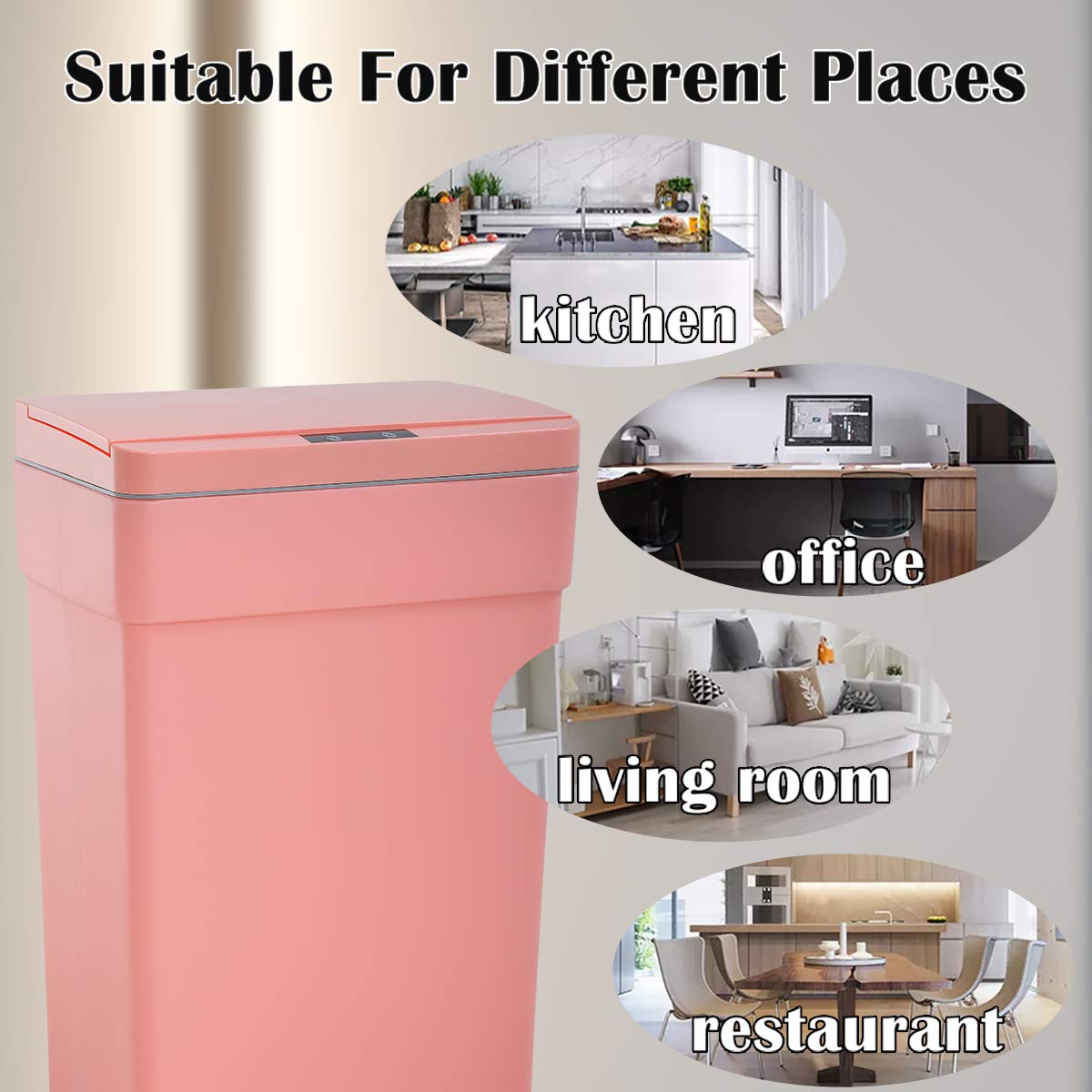 Touchless Kitchen Trash Can 13 Gallon Trash Can Bathroom Garbage Can PP Material Hard Plastic Trash Can with Automatic Lid Waterproof Trash Can for Bathroom, Powder Room, Office (Pink)