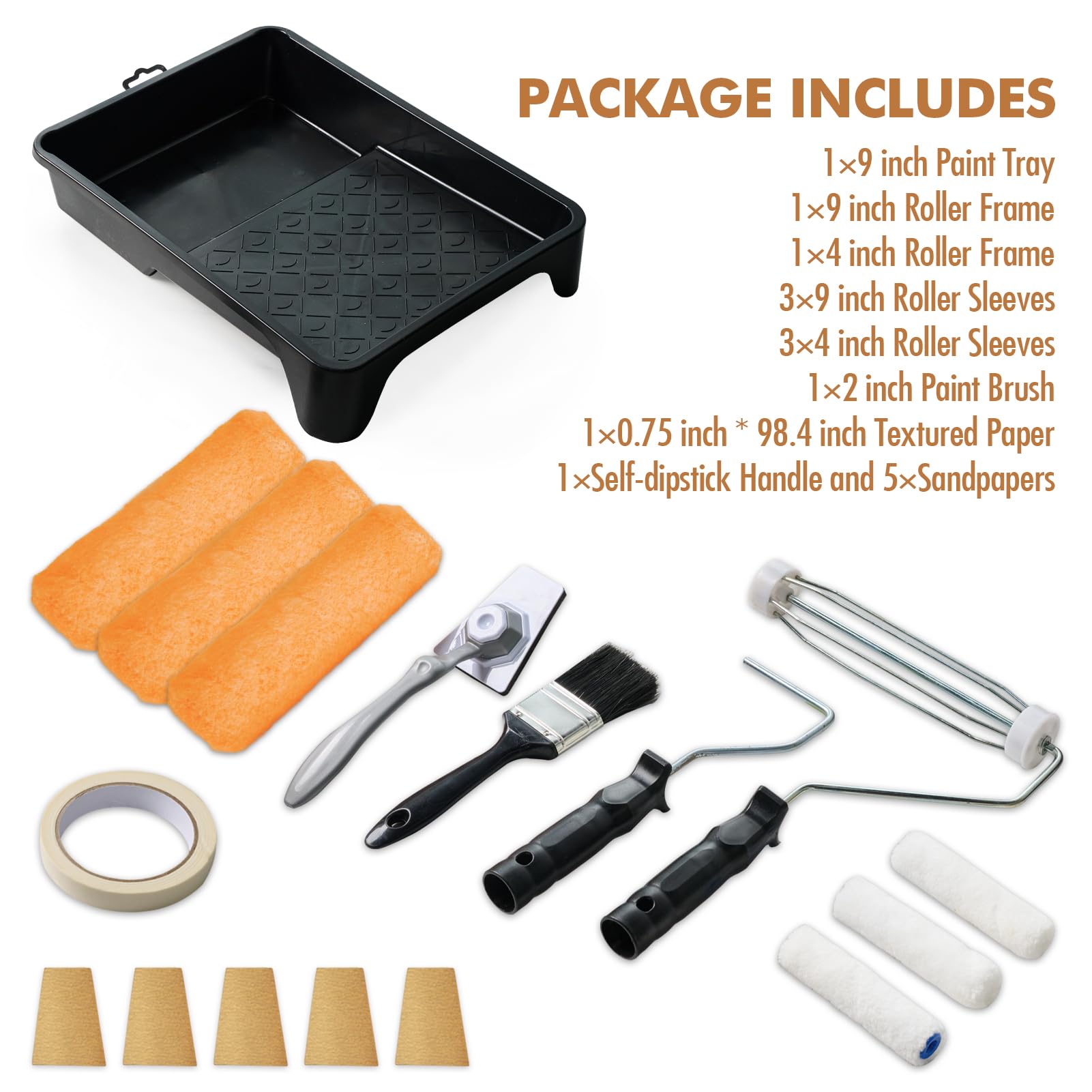 PILOT FISH 17 Pcs Paint Roller Kit, 9 Inch 4 Inch Paint Roller with Frame, Paint Supplies for Wall Painting, Paint Brush Paint Tray Microfiber Roller Covers for Home Painting Painting Tools for Indoor