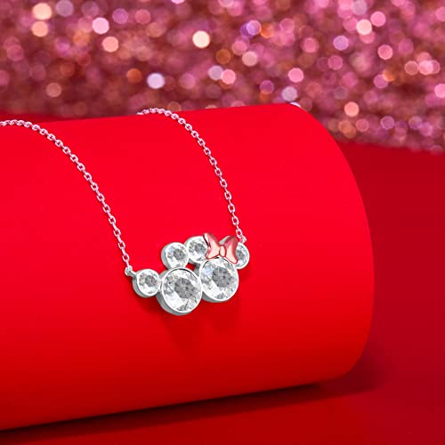 Disney Mickey and Minnie Mouse Jewelry, Two Tone Crystal Necklace, Silver Plated, Pink Flash Plated Necklace, 16+2" extender