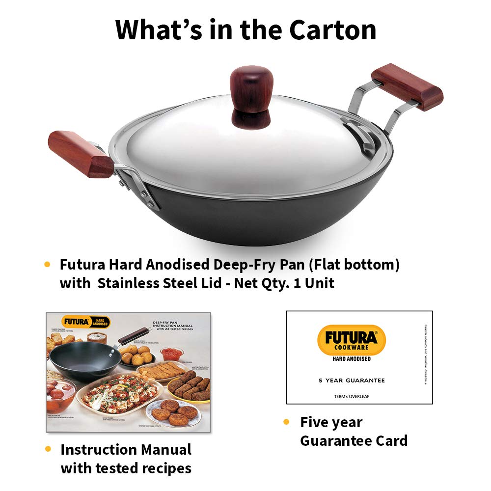 Futura L23 Hawkins Hard Anodised Deep Fry Pan/Kadhai with Flat Bottom and Steel Lid, 2.5 Liter, Small, Black