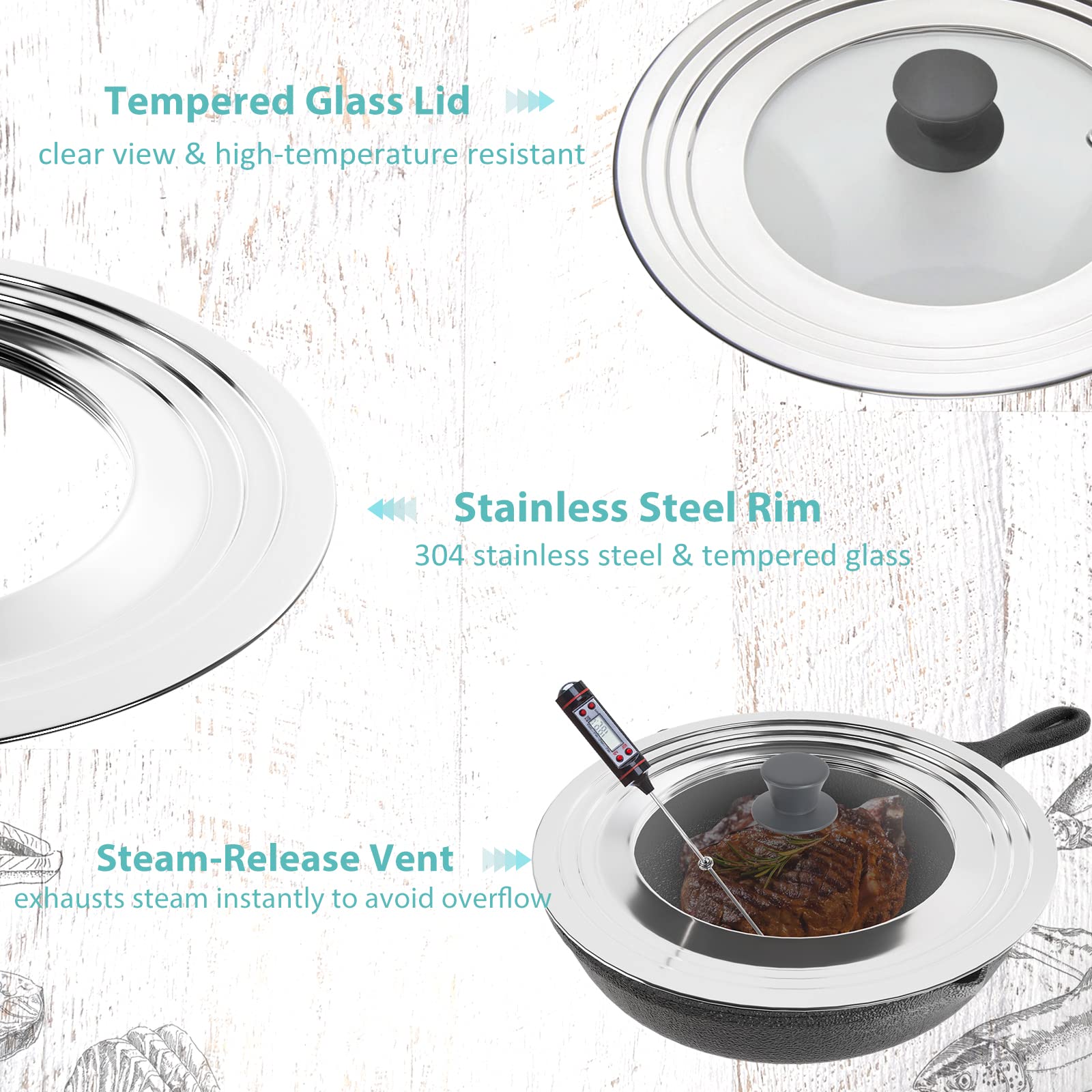 WishDirect Universal Lid for Pots Pans and Skillets - One Lid Fits All 8.25-12 Inch Pots Frying Pans Skillets Woks, Replacement Pot Lid with Upgraded Heavy Duty Heat Resistant Silicone Handle, Gray