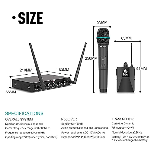 Debra Audio Pro UHF 4 Channel Wireless Microphone System with Cordless Handheld Lavalier Headset Mics, Metal Receiver, Ideal for Karaoke Church Party (with 4 Handheld (A))