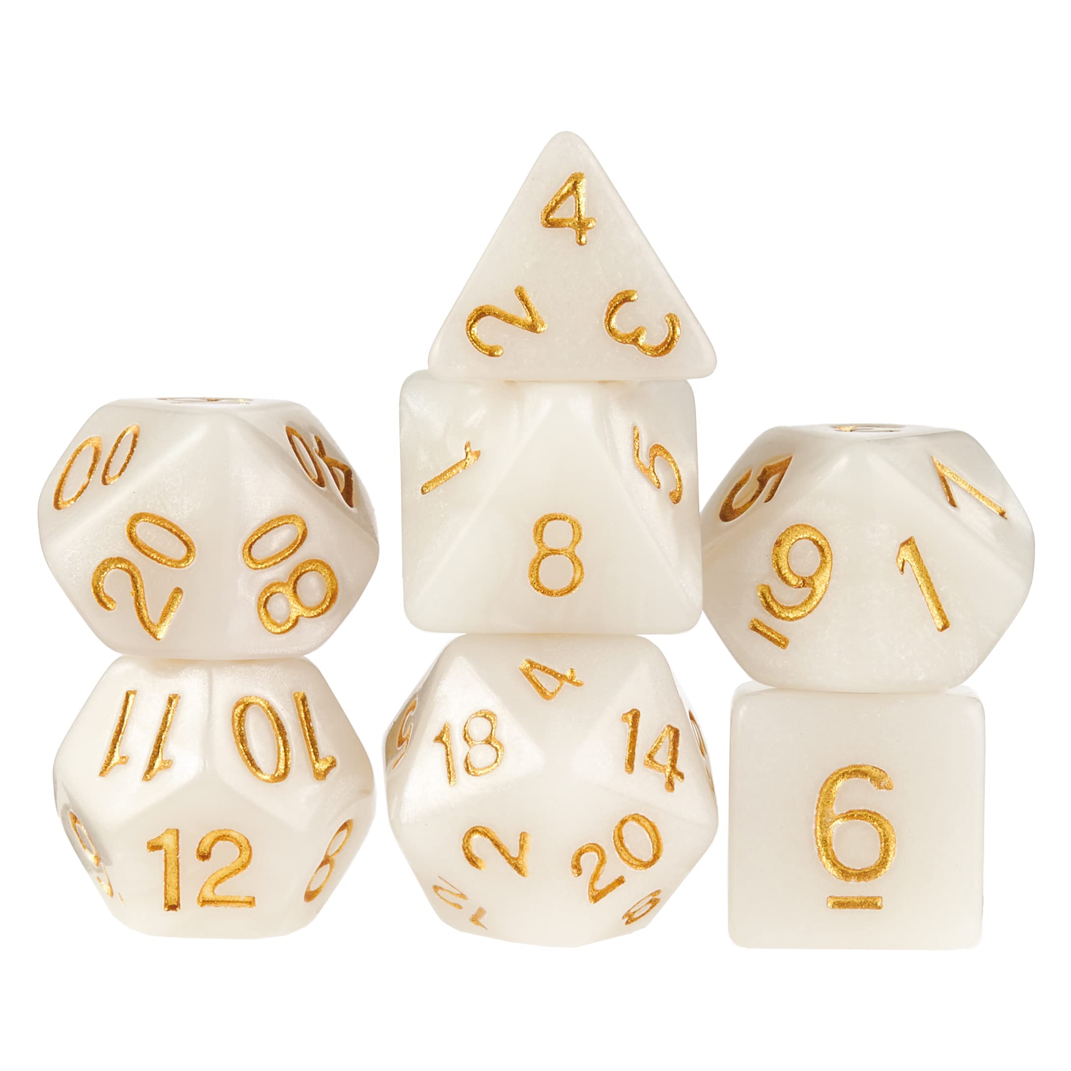 Wiz Dice 7 Die Polyhedral Dice Set - Forbidden Treasure (White Pearl) with Velvet Pouch