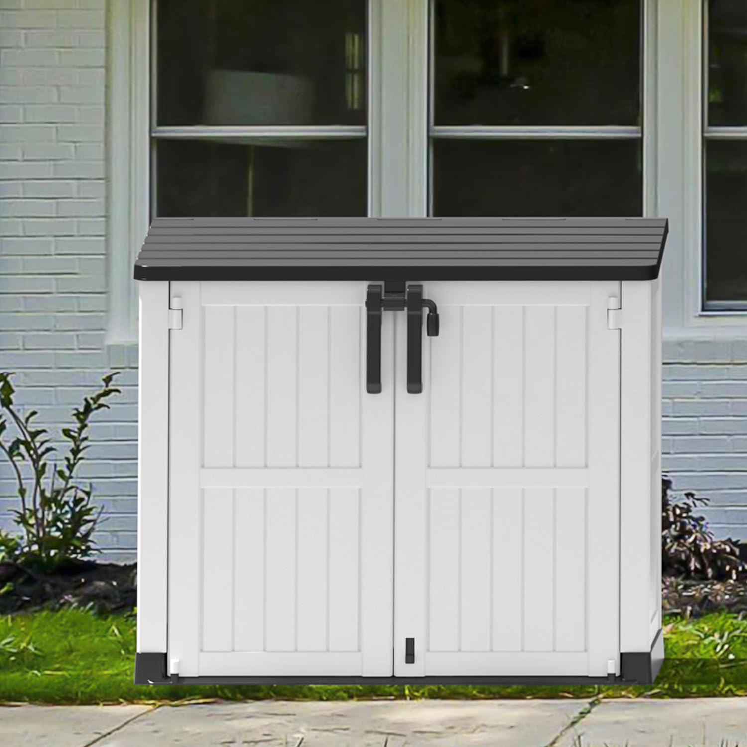 NUNU LAB Outdoor Storage Shed 36 Cu. Ft.Horizontal Garden Storage Extra Large Capacity Weather Resistant Storage Box, Lockable Resin Waterproof Shed for Easy Storage of Garbage Cans, Tools, Lawn Mower