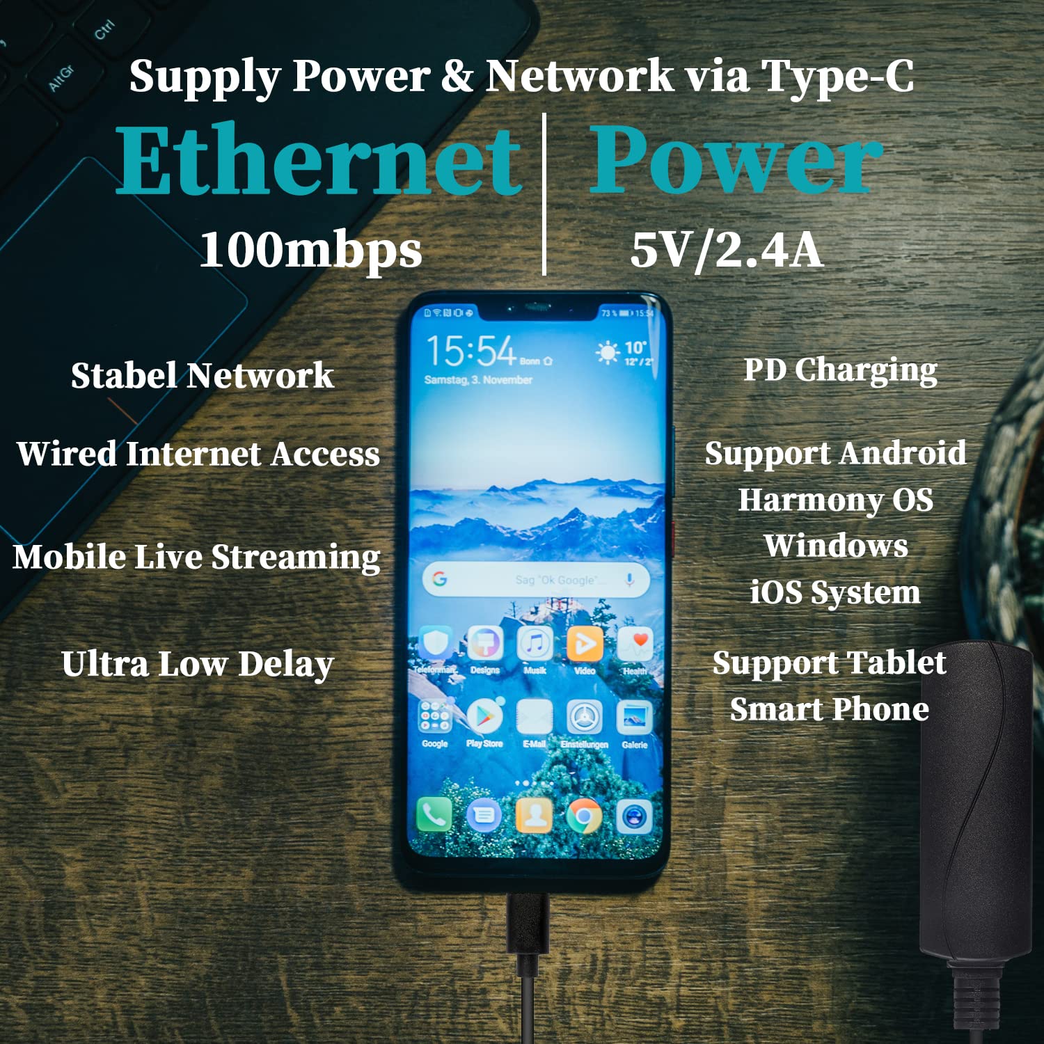 REVOTECH PoE to USB C Adapter Converter, Convert POE to Output 5V/2.4A Type-C with Ethernet, IEEE802.3af with 10/100Mbps, Wired Broadband and PD Charging for Smart Phone/Tablet, Plug and Play (P2C5V)