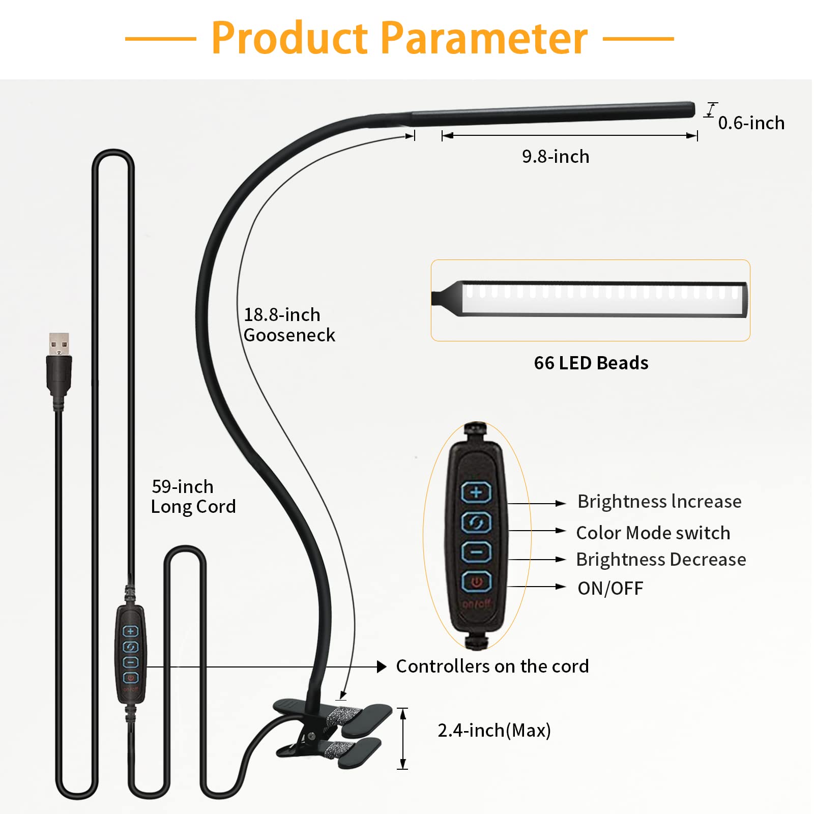 ECHEAIO Clip on Light LED Desk Lamp with Clamp Eye-Caring Dimmable Reading Light for Headboard,3 Modes 10 Brightness, Flexible Gooseneck Book Light Memory Function Desk Lamps for Home Office
