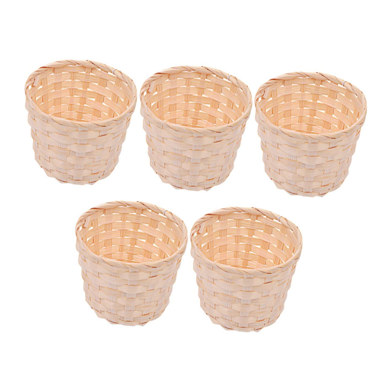 Toyvian 5pcs Woven Basket Storage Basket Woven Bucket Rattan Makeup Basket Small Wicker Baskets Flower Seagrass Belly Basket Wood Chip Basket Woven Cube Candy Bowl Wooden Doll House Round