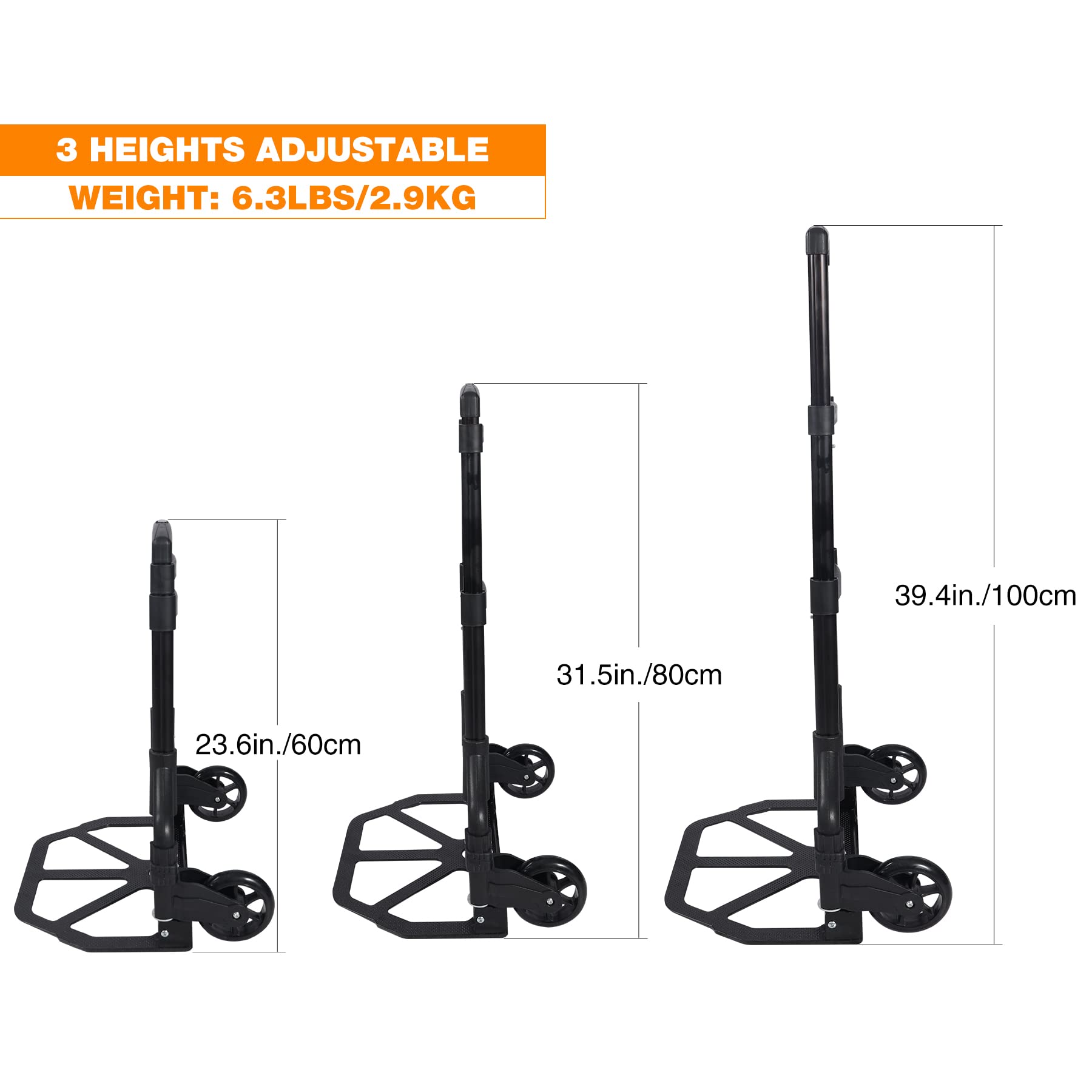 Varbucamp Folding Hand Truck with Telescoping Handle, 165lbs Capacity Aluminum Portable Luggage Trolley Cart, Hand Cart and Dolly with Black Bungee Cord and Rubber Wheels, Black