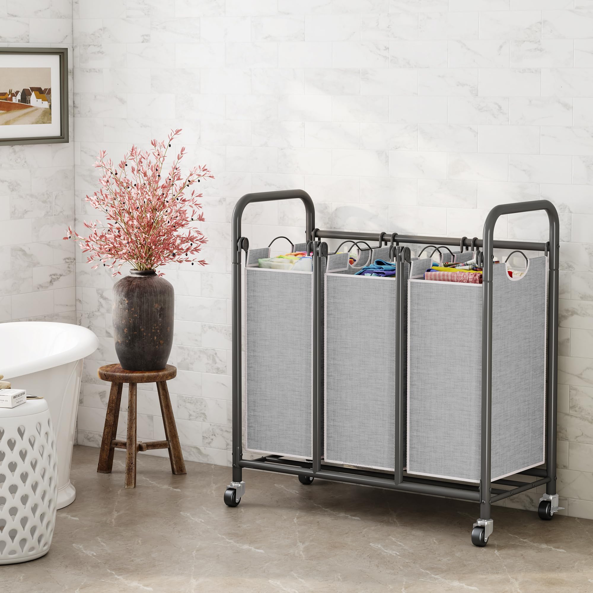 HOMEIJU 3-Bag Laundry Sorter, Laundry Hamper Cart with Heavy Duty Rolling Lockable Wheels and Removable Bags, Laundry Organizer Basket Clothes Separator Hamper, Grey, Large, KJ3009
