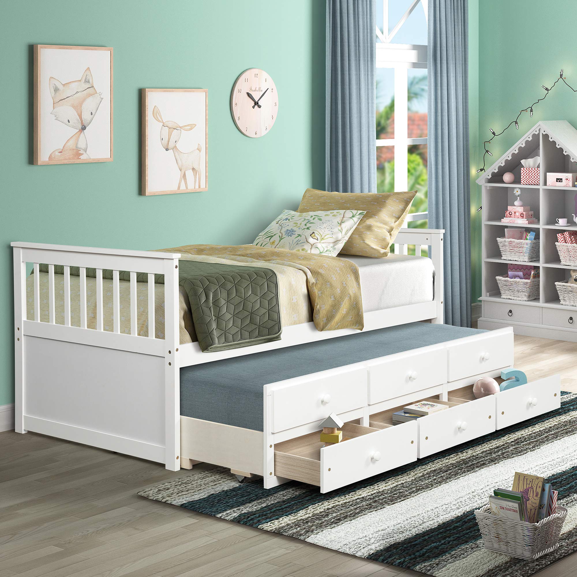 Rhomtree Twin Captain’s Bed Storage daybed with Trundle and Drawers for Kids Guests (White)