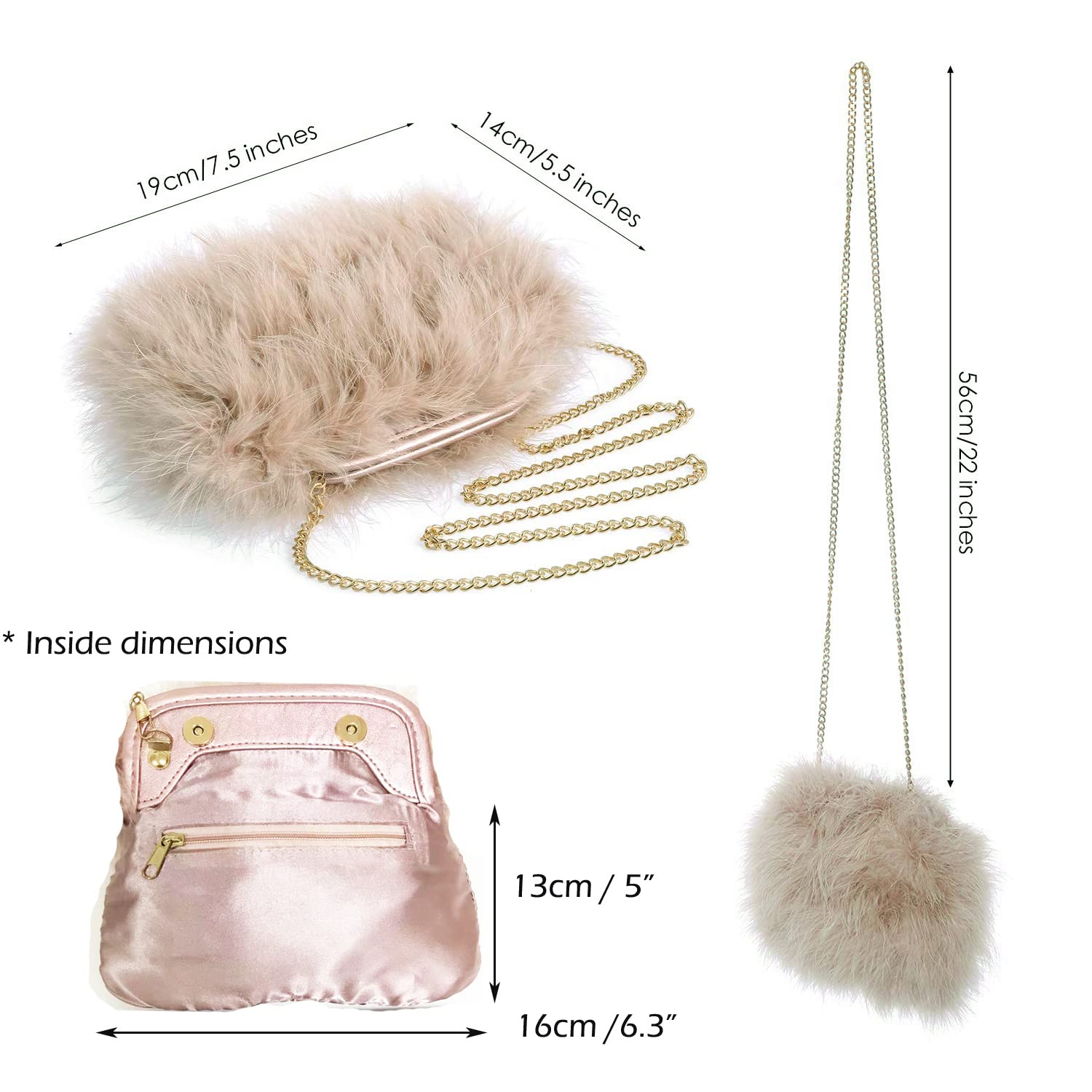 expouch Women Marabou Feather Clutch Bag Evening Handbag with Detachable Chain Strap Wedding Cocktail Party Bag (Nude)