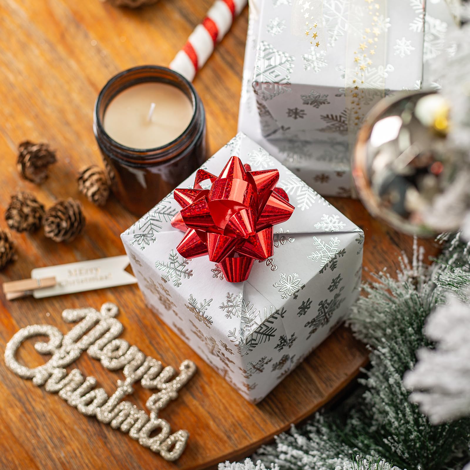 Homeral Christmas Wrapping Paper Roll - 46.8sq.ft. 3D Embossed Silver Foil Snowflakes on White for Christmas, Winter Holiday, Party, New Year Celebration- 17in x 33ft