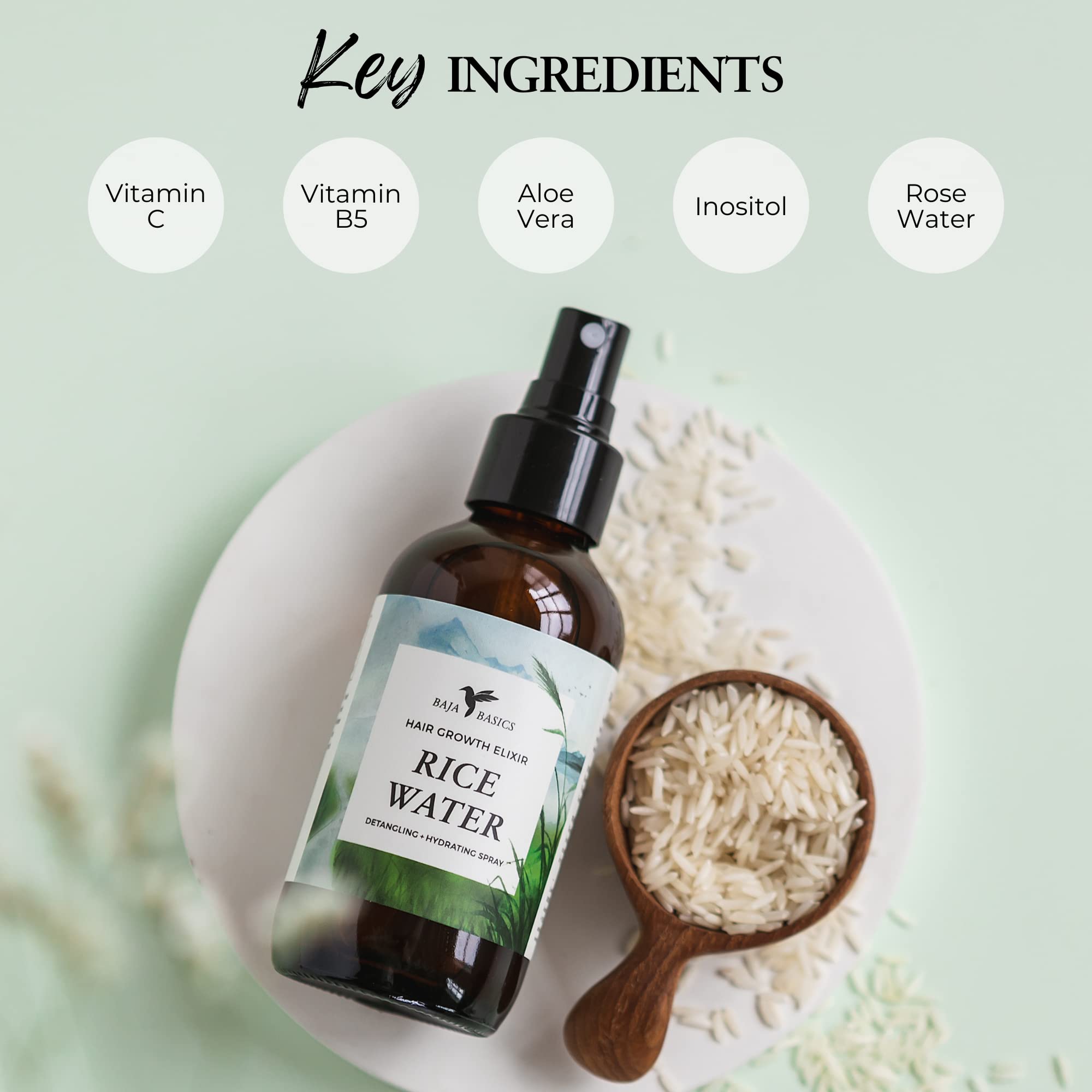 Rice Water For Hair Growth by Baja Basics, Thickness, Strength, Shine - Leave-in Conditioner for Scalp, Dry Split End Moisturizer - Mist Spray for Curly, Straight, Thick, Thin Hair 4oz