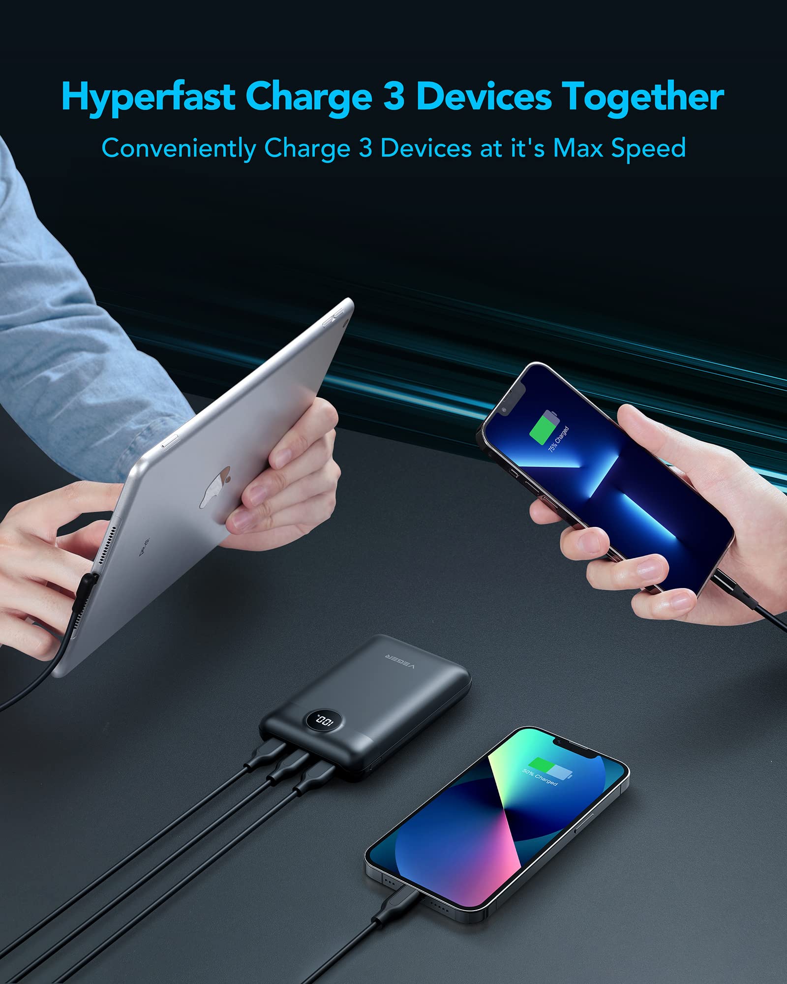 VEGER 20000mAh Mini Quick Charge Power Bank 20W PD 18W QC 3.0 USB C Battery Pack with LED Display 3 Outputs 2 Inputs Compatible with iPhone 13/12/11, Samsung,Tablet and More (Black) (20000mAh)
