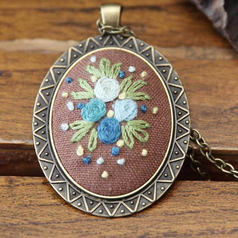 CREATIVE HOBBIES Embroidery Pendant Kitt,Handmade Cross Stitch Kits, Embroidered Pendant Necklace Easy Embroidery Kit for Beginners Women Adults DIY Crafts