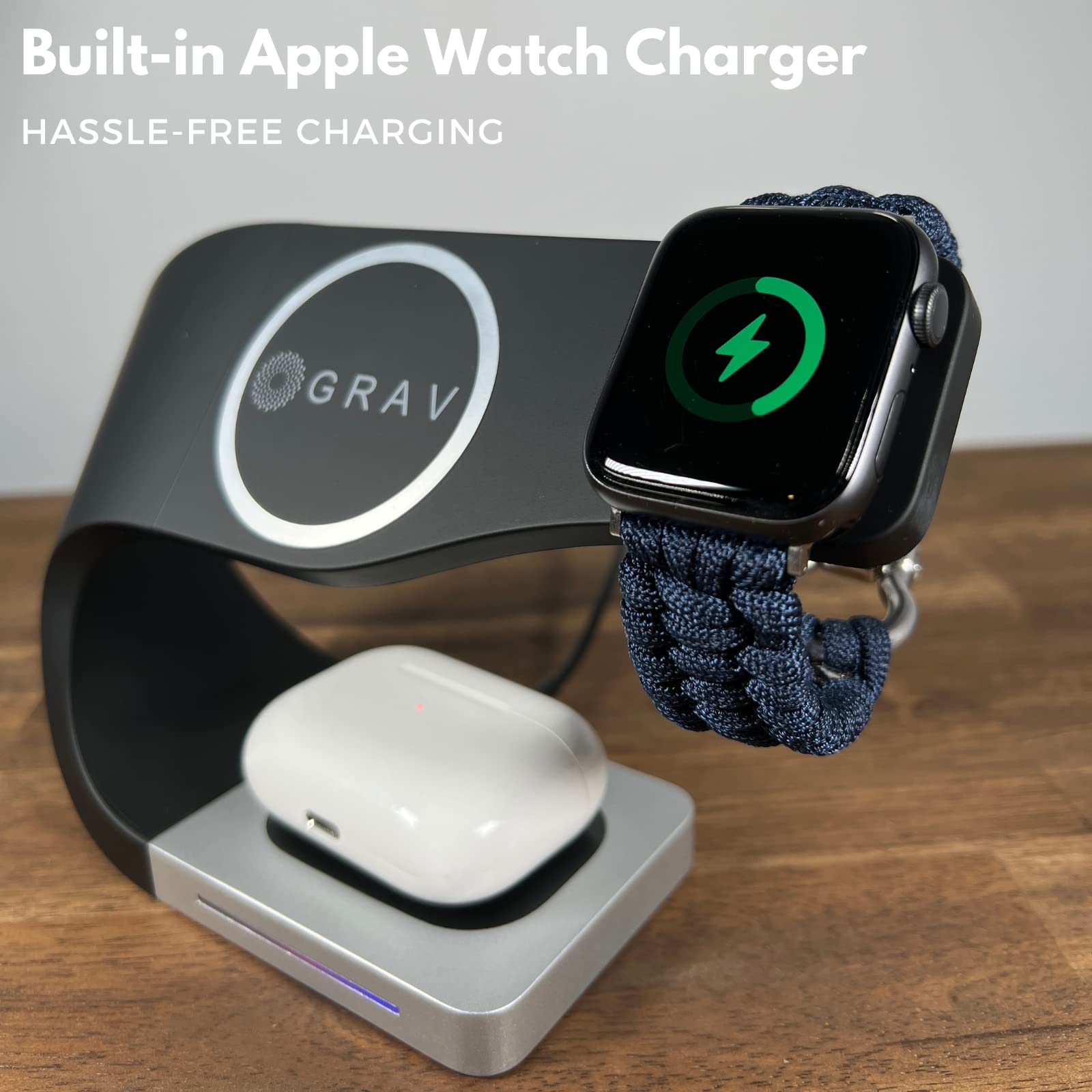 GRAV Wave Charge LFX-178; 3 in 1 Wireless Charging Station; Compatible with Apple iPhone, Apple Watch and Airpods; 15W MagSafe Charging Station; 18W Qualcomm 3.0 Quick Charge USB Adapter; (Black)