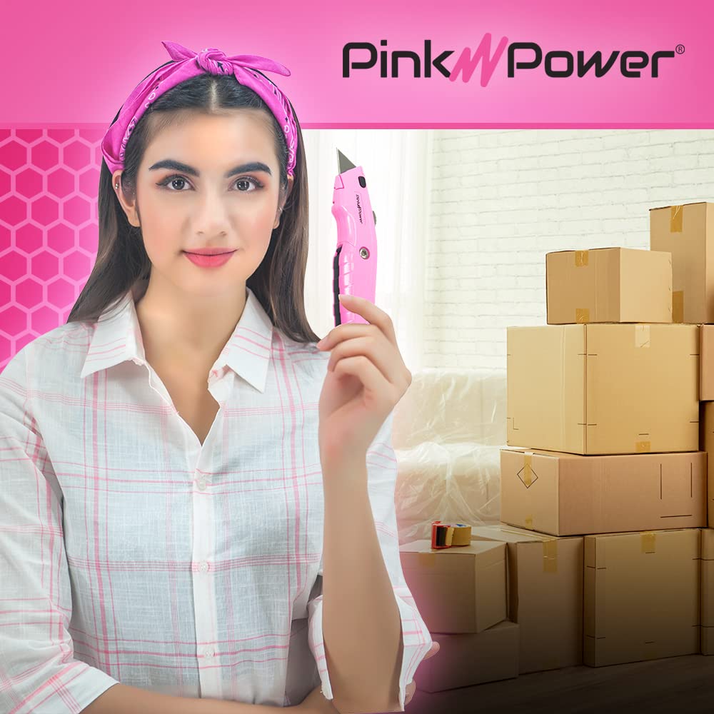 Pink Power Pink Box Cutter Retractable, Pink Utility Knife for Carpet, Box Cutter Knife Heavy Duty with 3 Blades and Storage Compartment - Box Opener Pocket Utility Pink Knife Tools for Women - 5 Pack