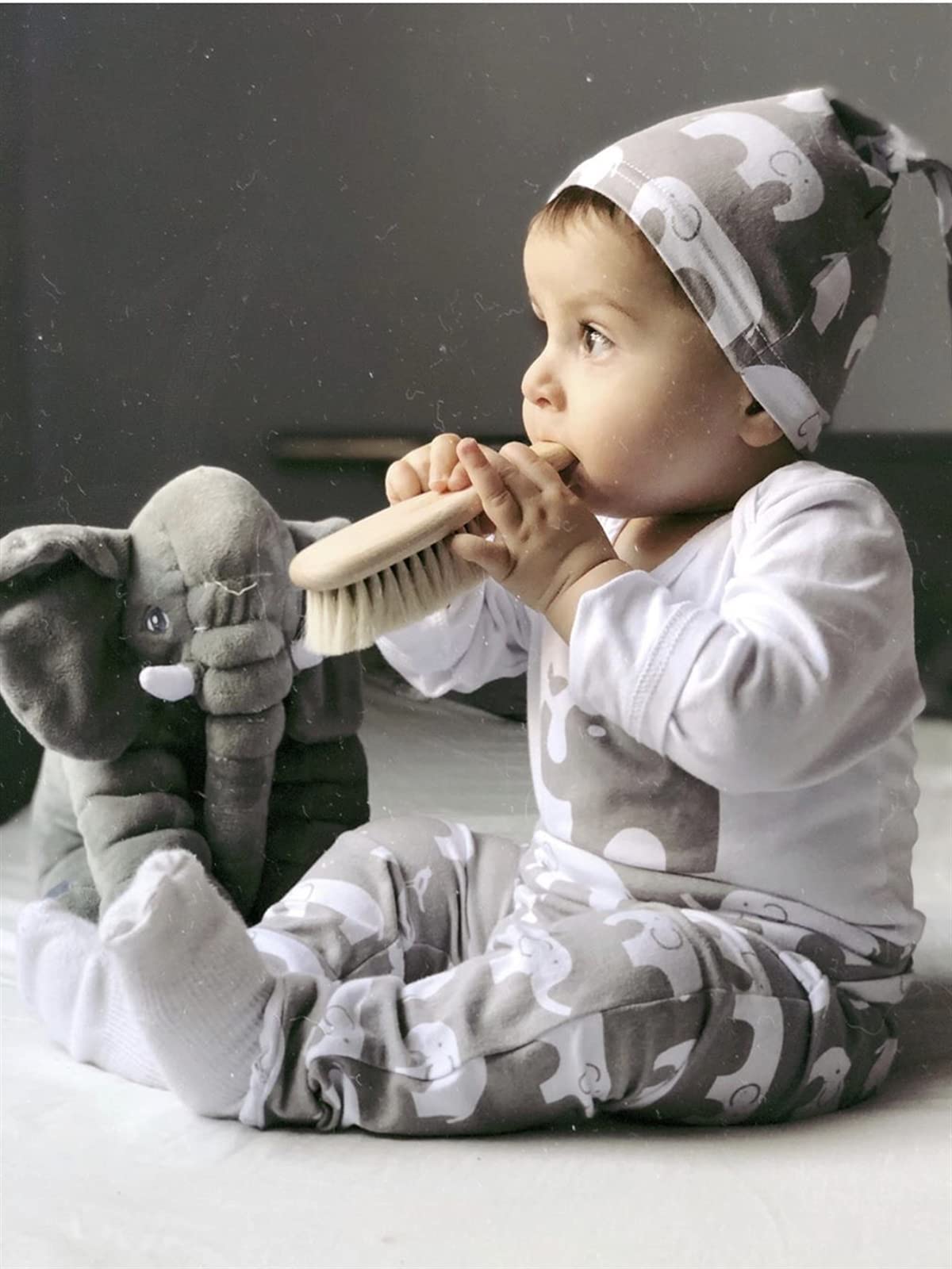 Siracend Newborn Infant Baby Boy Clothes Elephant Print Long Sleeve Bodysuit + Pants + Hat 3 PCS Outfits Set (0-3 months) White