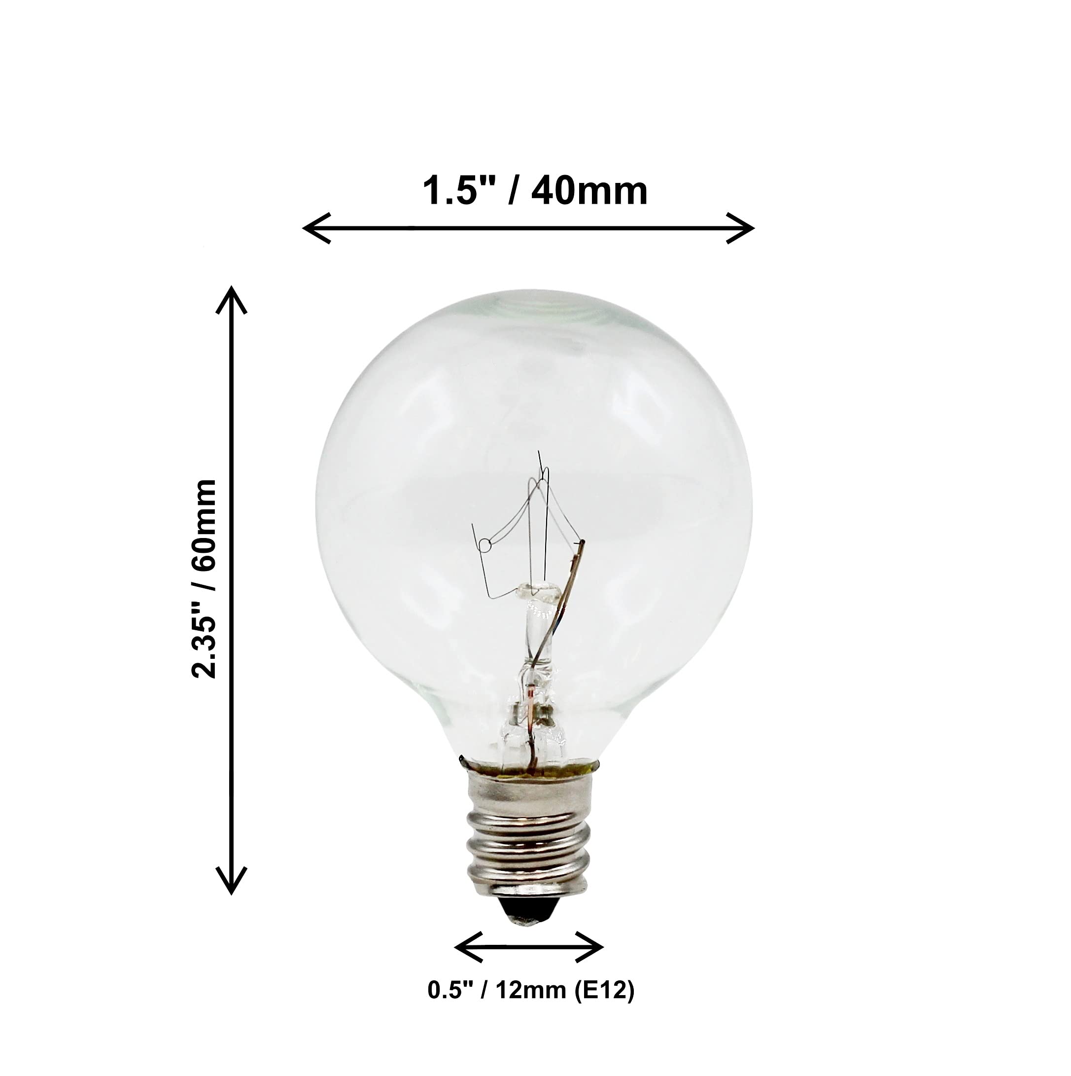 Creative Hobbies Clear Globe G40 Replacement Bulbs for Outdoor String Lights - 5W 120V Fit E12 C7 Candelabra Screw Base Light Sockets, 1.5 Inch Size for Patio String Decor | 25 Pack