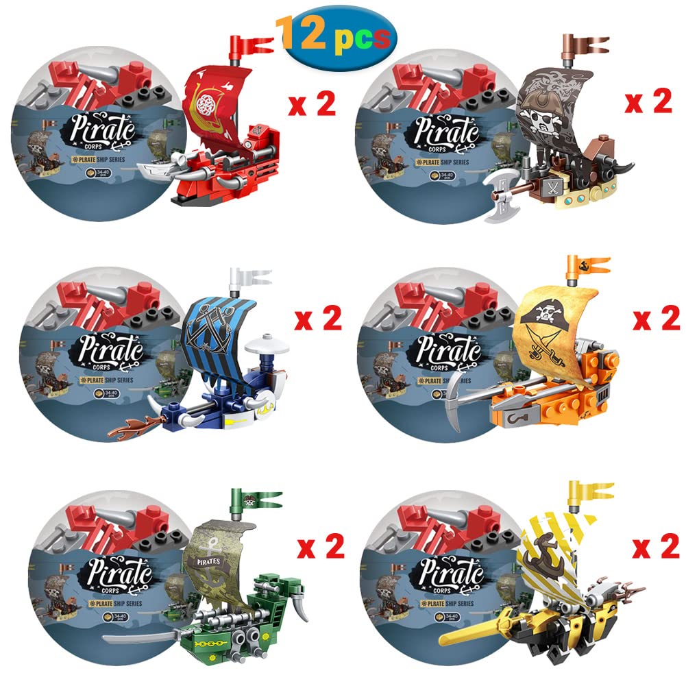 WODMAZ 12PCS PreFilled Easter Eggs with Pirate Ship Building Blocks, Surprise Eggs Filled Pirate Ship Toys Set for Easter Basket Stuffers, Easter Basket Filler, Easter Egg Hunt Classroom Prize Events