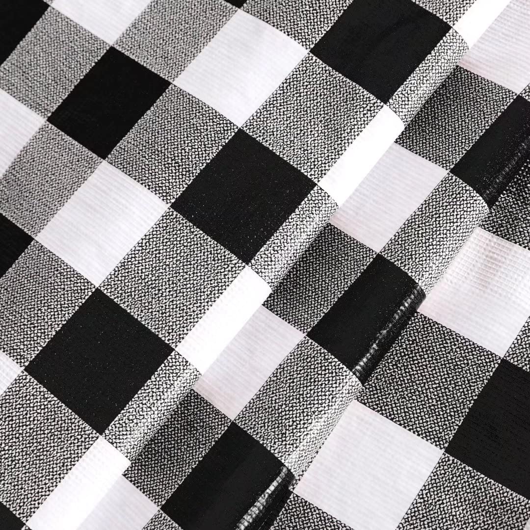 Fitable Vinyl Fitted Round Table Cover with Elastic, Black and White Checkered Tablecloth with Flannel Backing Plaid Table Cloth for Indoor Outdoor Picnic Party (Fit for 45"-56" Round Tables)