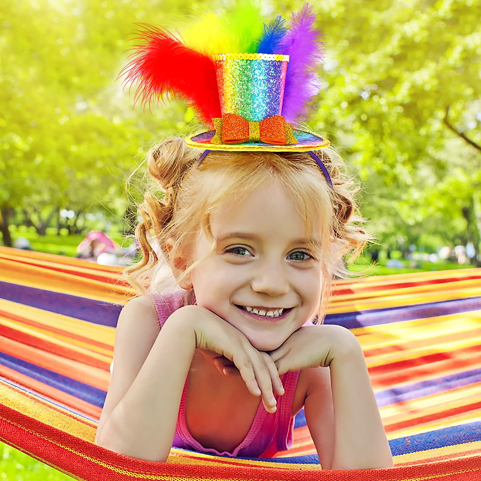 Fikinise Rainbow Feather Headband Top Hat for Women Girls Material, Mardi Gras Carnival Party, Birthday, Cosplay, Halloween Hat Accessory