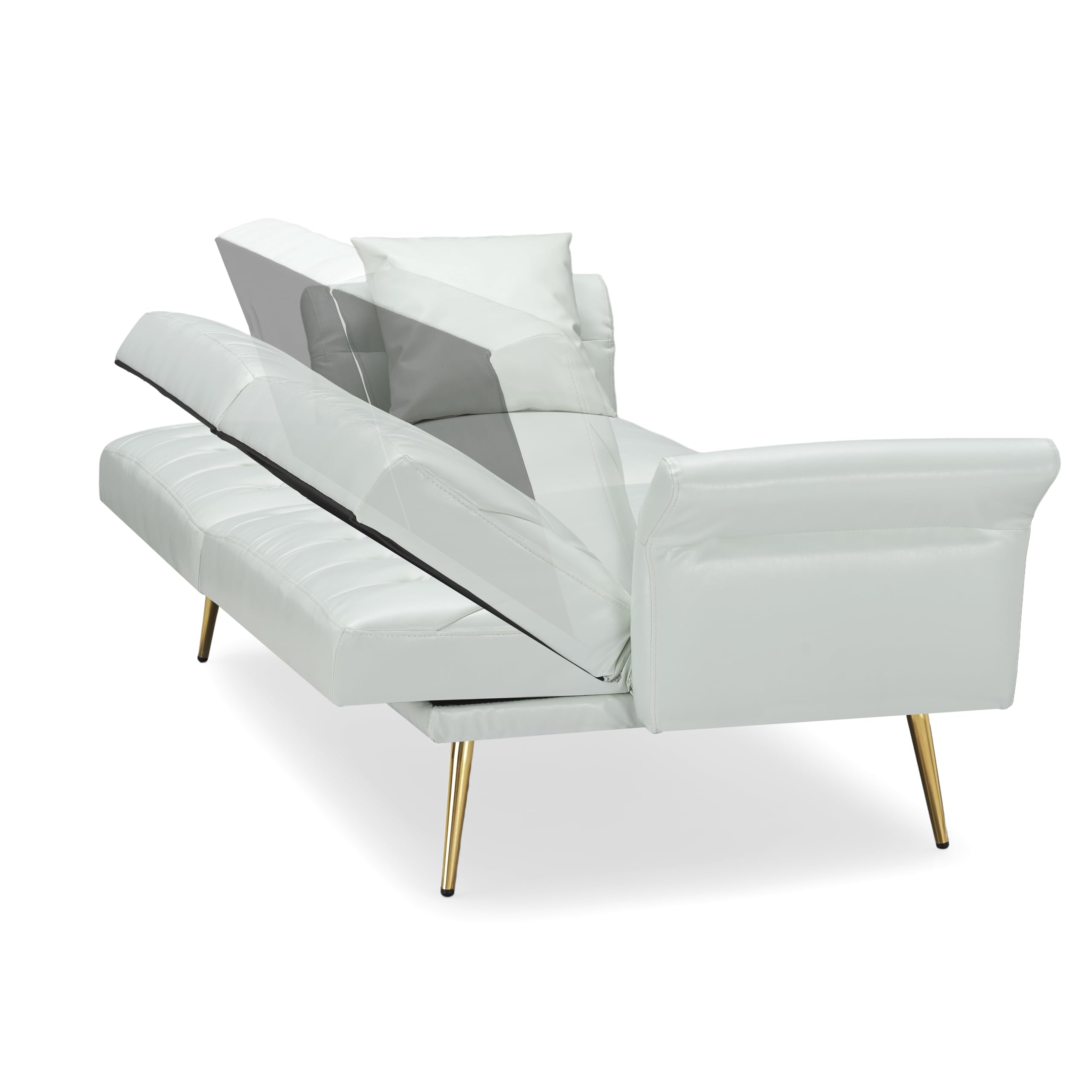 Jintop 67.71 Inch Waterproof Faux Leather Upholstered Sleeper Sofa-Bed and Adjustment Armres,Tuffed Button Couch Chaise w/Metal Legs & Pillows,for Dorm,Apartment,Studio,White, 67.71"