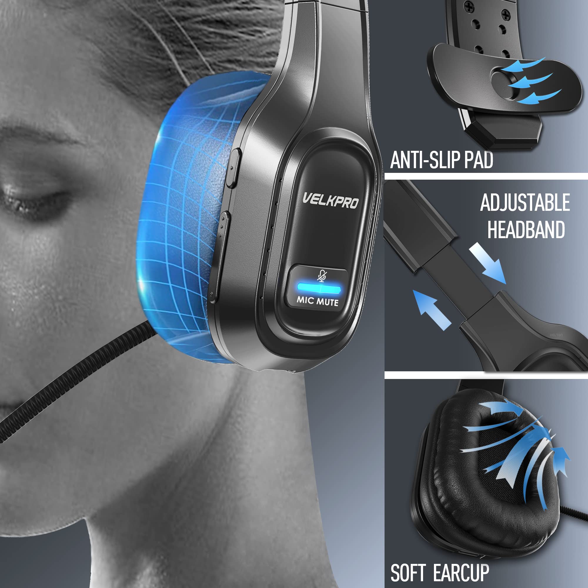 VELKPRO Wireless Headset with Microphone - Single-Ear Headphone, Adjustable Headband, Noise Isolation Mic - Communication for Truck Drivers, Home Office, Call Center