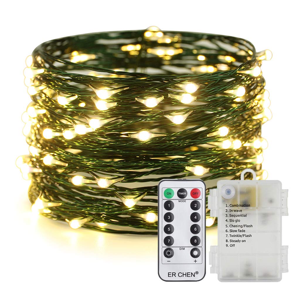 ER CHEN Battery Operated String Lights, 33ft/10m 100 LED Dimmable Fairy Lights with Remote/Timer, Waterproof Green Copper Wire Christmas Lights for Bedroom, Patio, Wedding, Party (Multicolor)