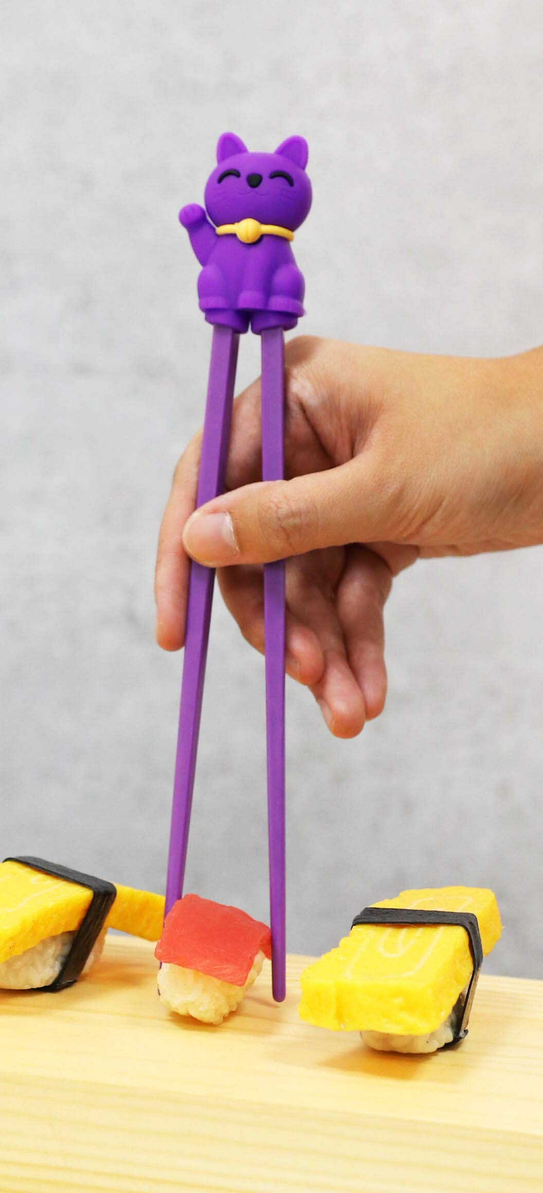 Ebros Gift Reusable Training Chopsticks Set With Animated Food Safe Silicone Helper Hinge Guide For Sushi Noodles Rice Dining Fun For Adults And Kids (Purple Maneki Neko Cat)