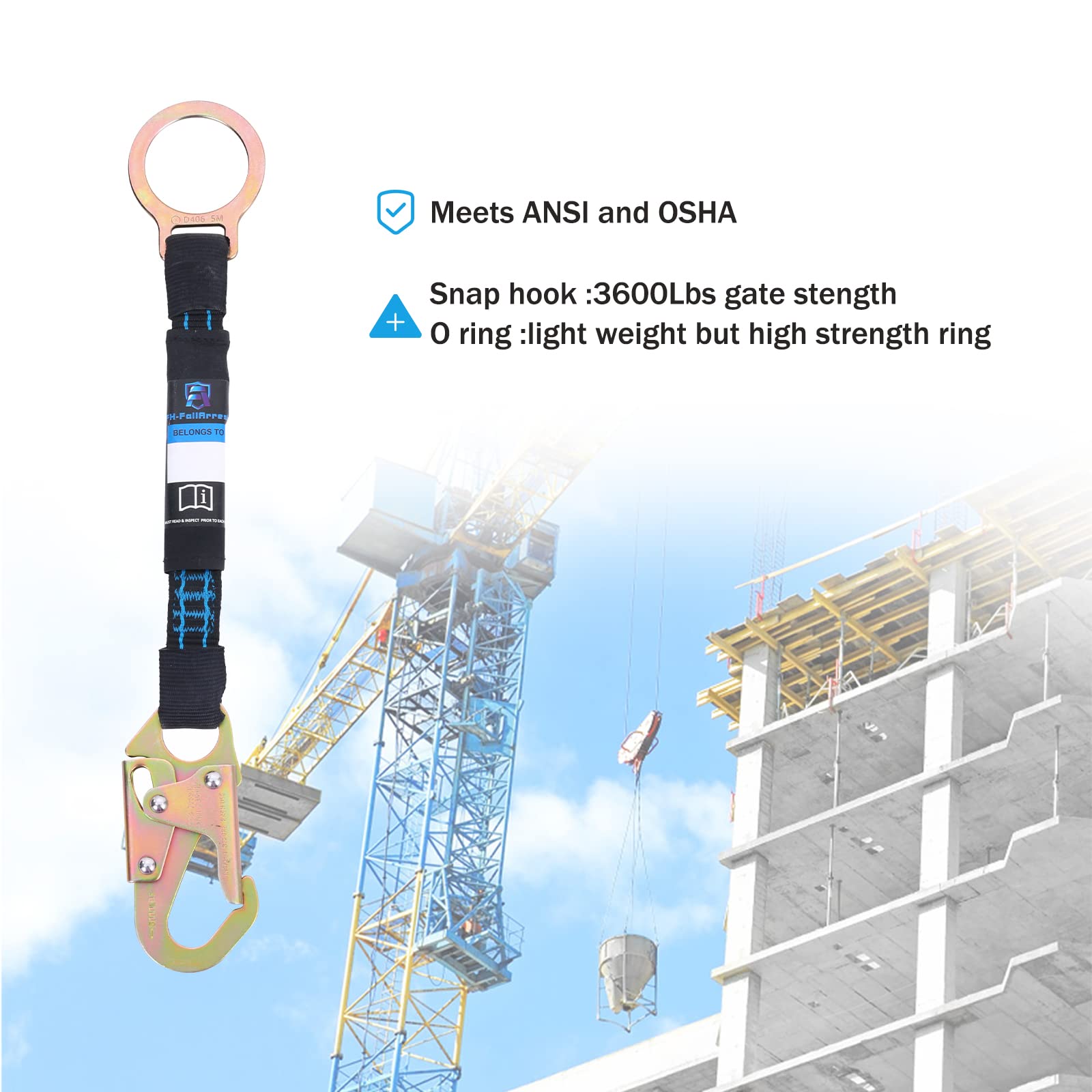 FHFallArrest 18 Inch D Ring Extender with Galvanized Steel Self Locking Snap Hook and O Ring,Heavy Duty Fall Protection Safety Harness Extension Lanyard,For Construction & Roofing, OSHA/ANSI Compliant