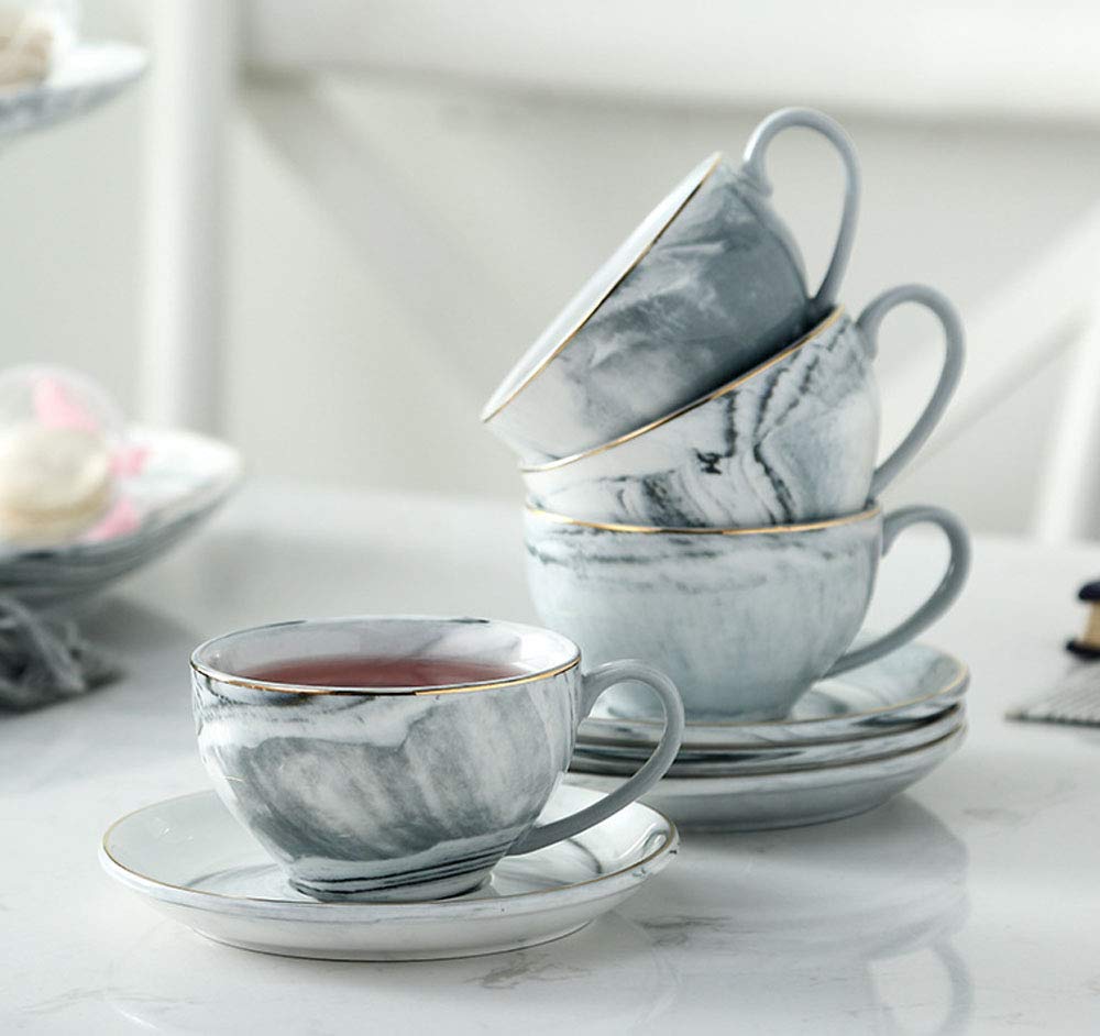 FUYU Gold Edge Marble Ceramic Espresso Coffee Cup and Saucer Set Tea Cup