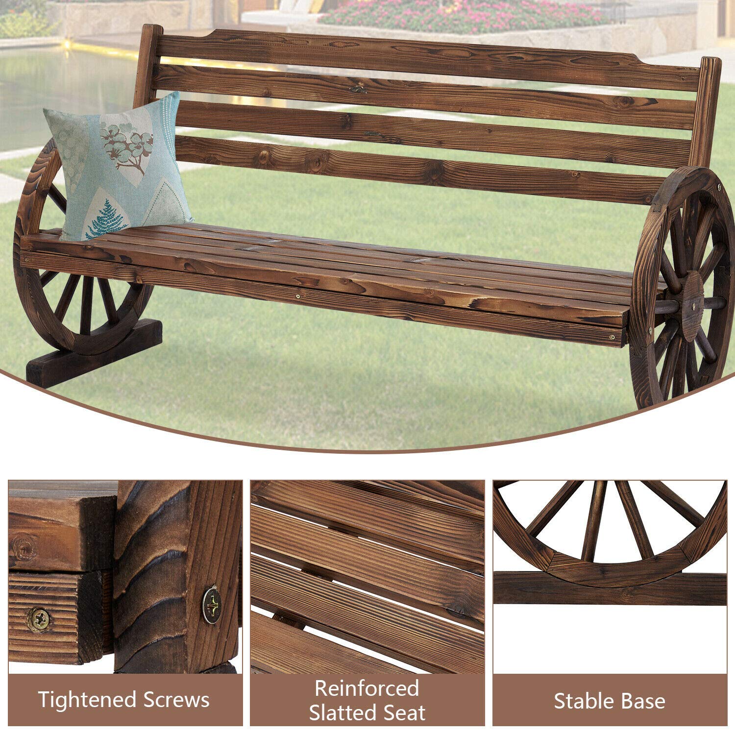 KINTNESS Wooden Wagon Wheel Bench Rustic Outdoor Patio Furniture 2-Person Seat Bench with Backrest for Backyard Patio