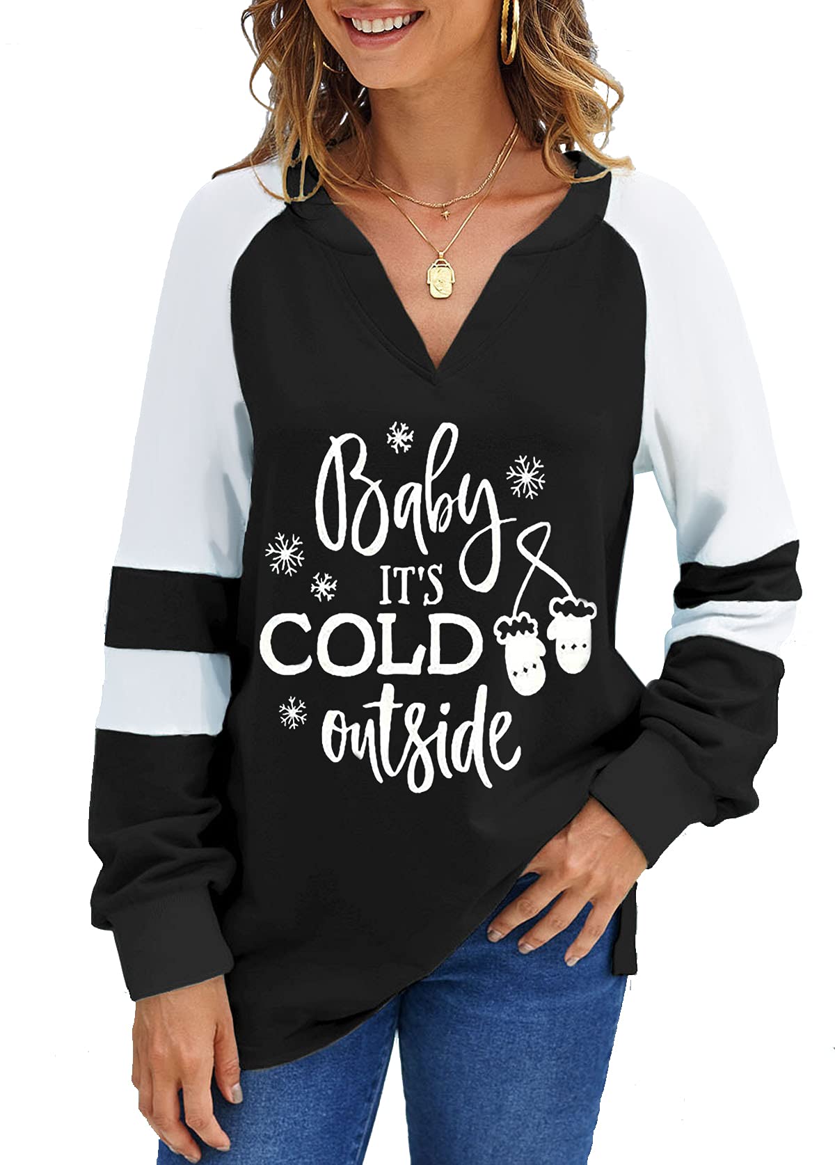 Decogiver Women's Christmas V-neck Loose Long Sleeve Sweatshirt Top(GL,XL)