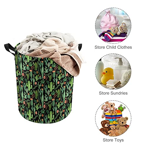 Green Cactus Laundry Basket Round Collapsible Storage Bin with Drawstring and Handle for Bedroom Bathroom Toys Room 17.3" X 13.8"