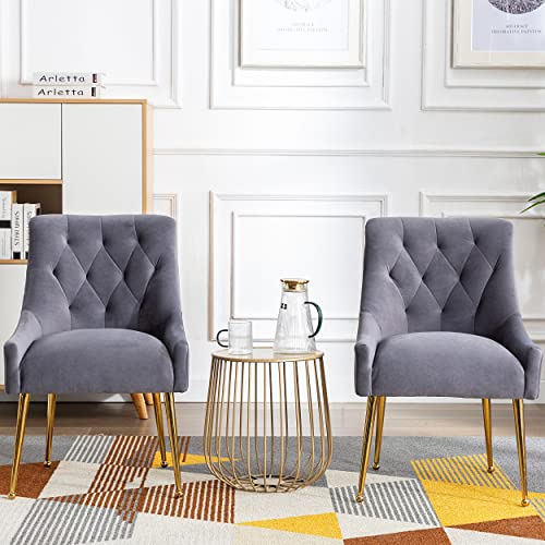KINWELL Upholstered Dining Chairs Set of 2, Modern Accent Side Chair with Tufted Back and Pull Handle, Velvet Armchair Desk Chair with Gold Metal Legs for Living Room, Home Office,Vanity (Gray)