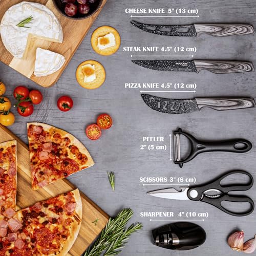 nuovva Professional Kitchen Knife Set with Block - Granite 18 Pcs with Knives Sharpener Peeler and Scissors - Clear Acrylic Block High Carbon Stainless Steel Blades Wood Affect Handle